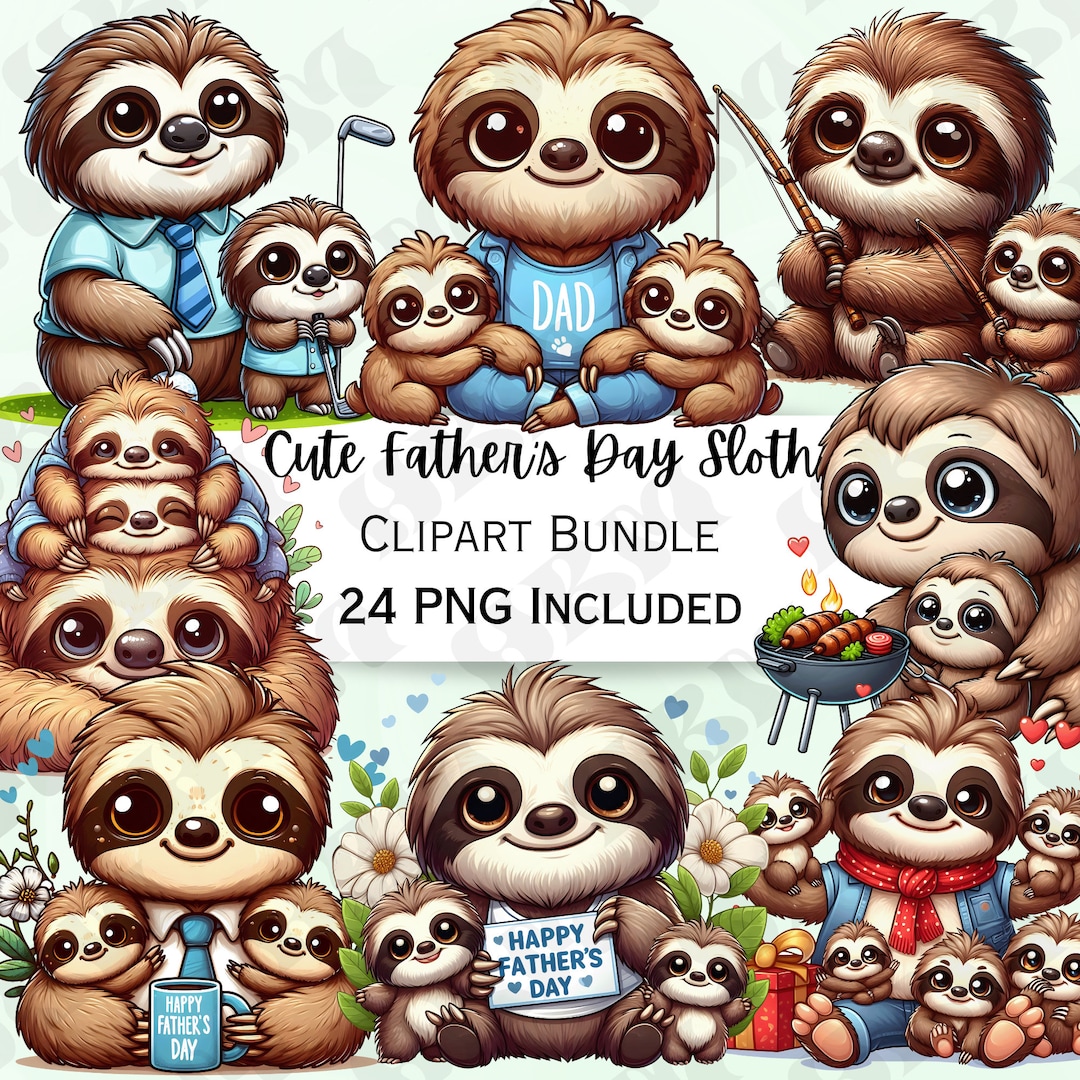 Cute Father's Day Sloth Clipart Bundle, Sweet Cartoon Dad Stickers ...