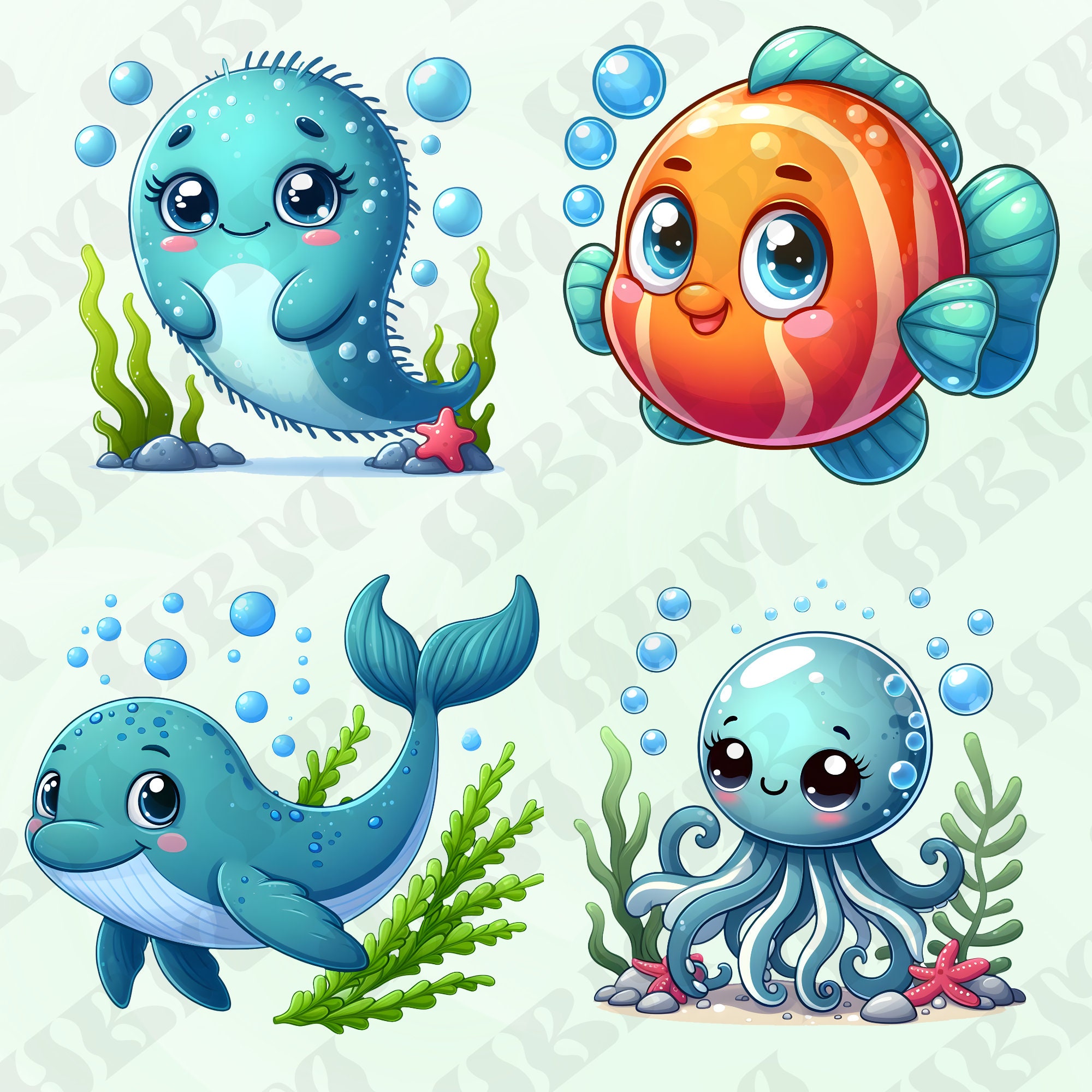 25 Cute Underwater Creatures Clipart Bundle, Jellyfish Nursery Decor ...