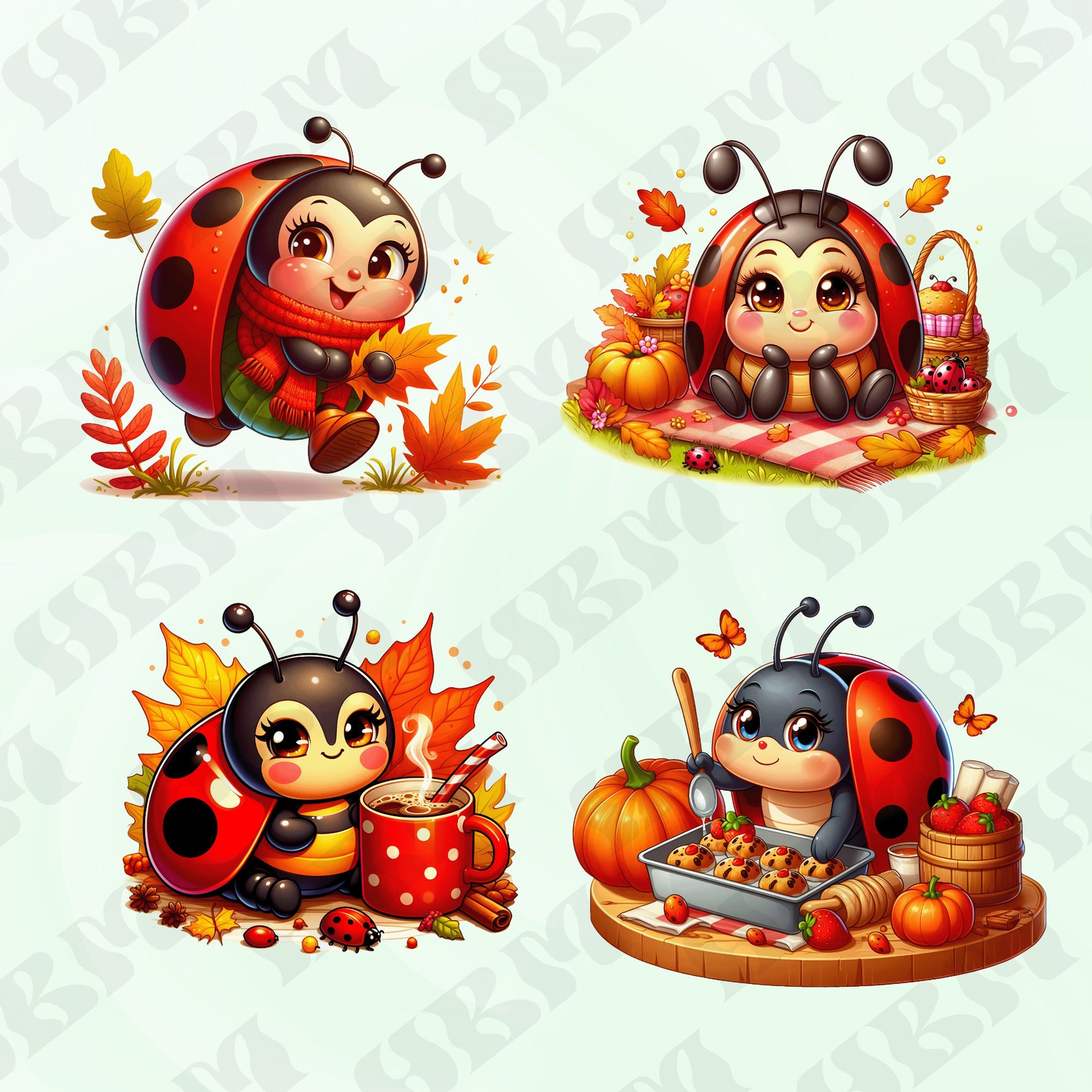 Cute Cartoon Autumn Lady Bug Clipart Bundle, Fall Nursery Decor, Leaves ...