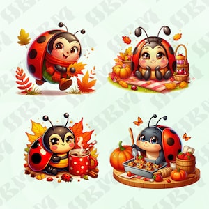 Cute Cartoon Autumn Lady Bug Clipart Bundle, Fall Nursery Decor, Leaves ...