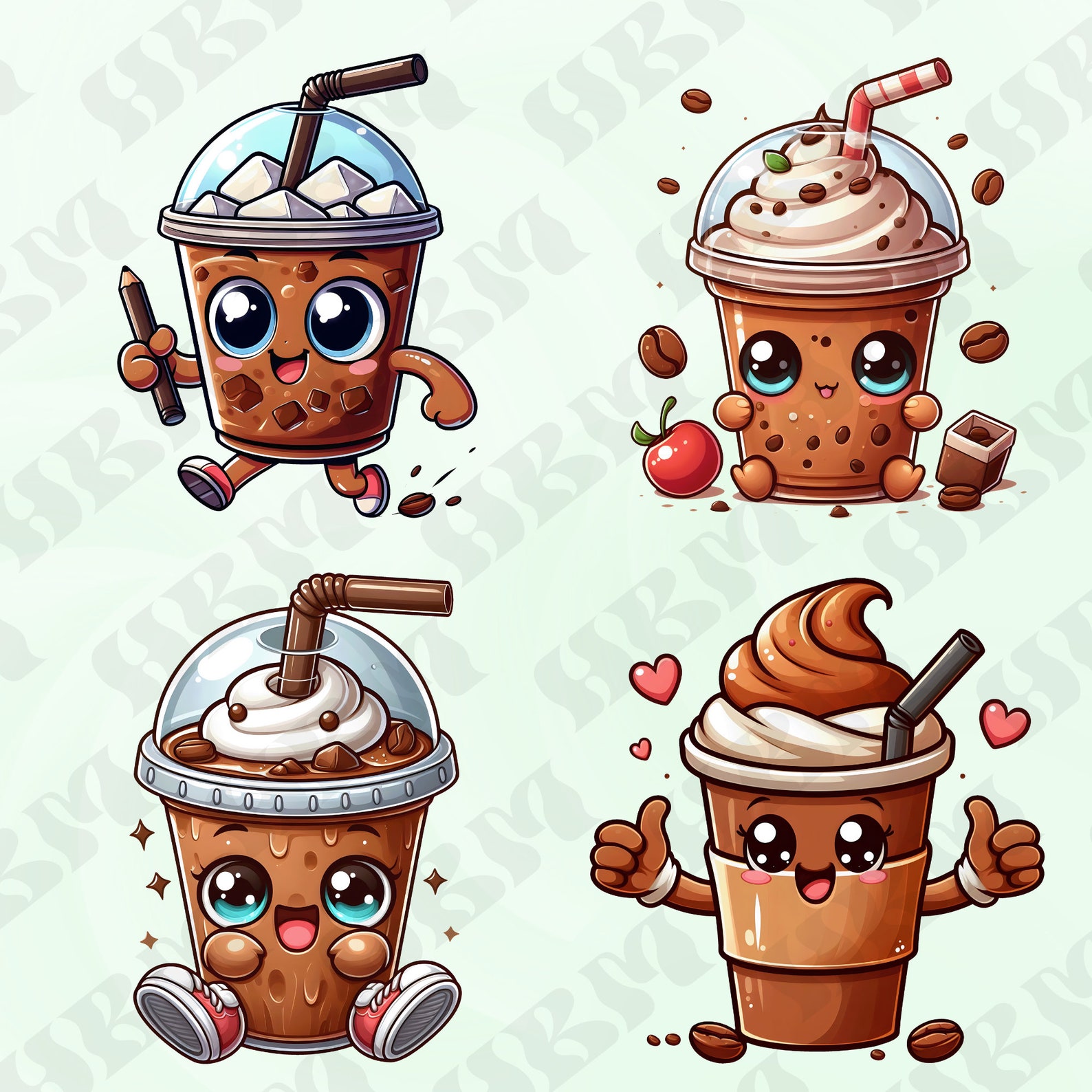 21 Cute Iced Coffee Characters Clipart Bundle, Caffeine Card Making ...