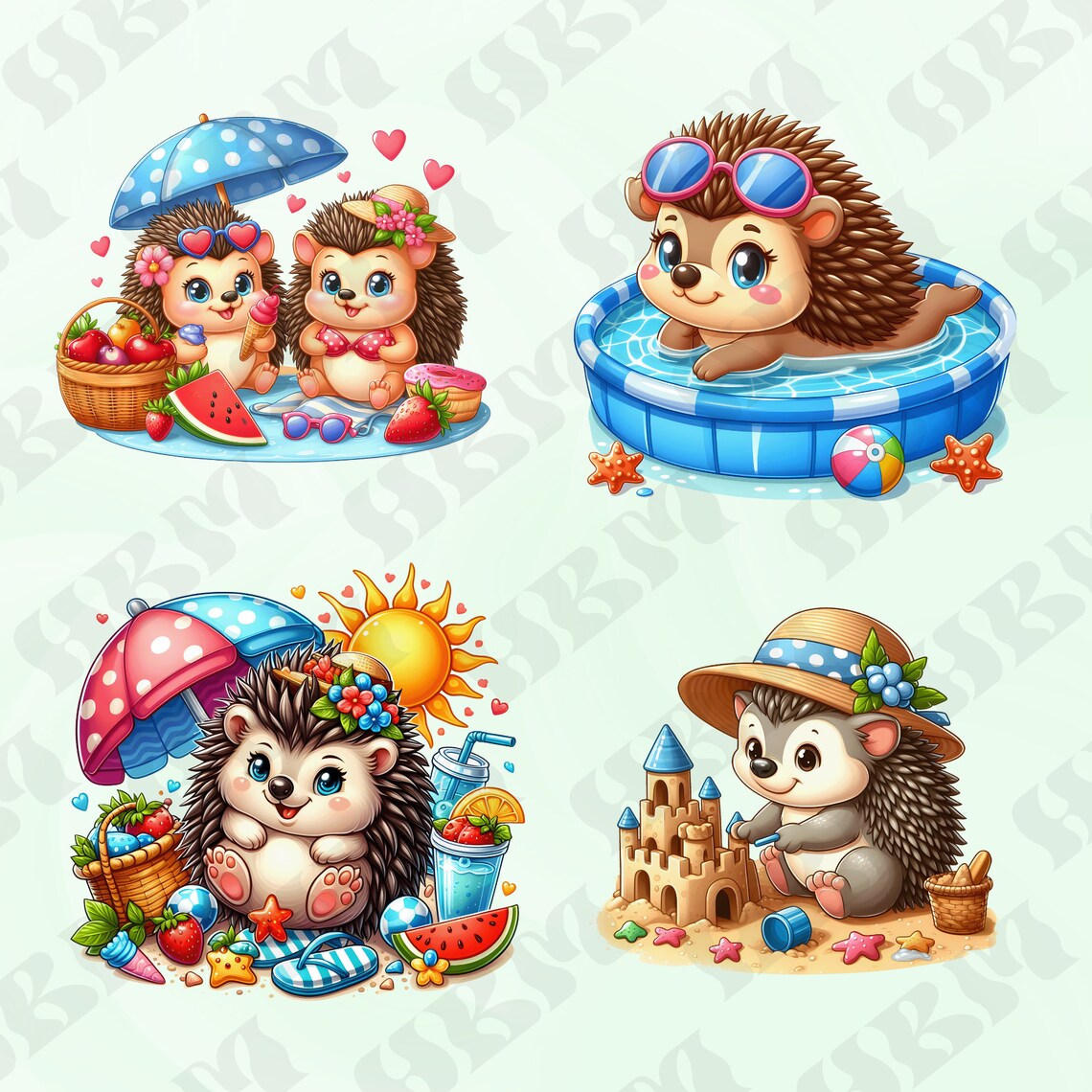 Cute Cartoon Hedgehogs Summer Clipart Bundle, Surf Nursery Decor, Beach ...