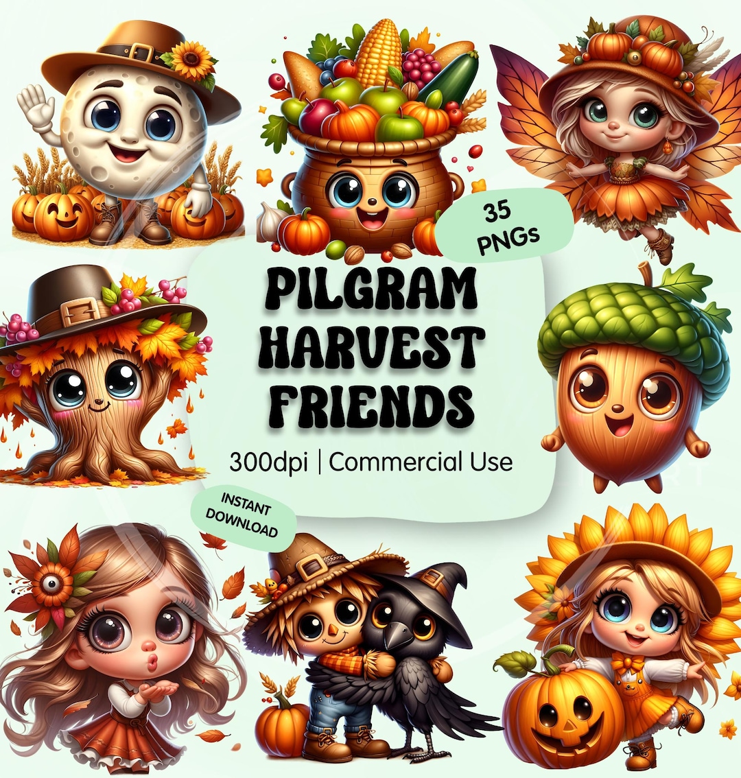 Pilgrim Harvest Clipart Bundle, Cute Fall Thanksgiving Friends PNG ...