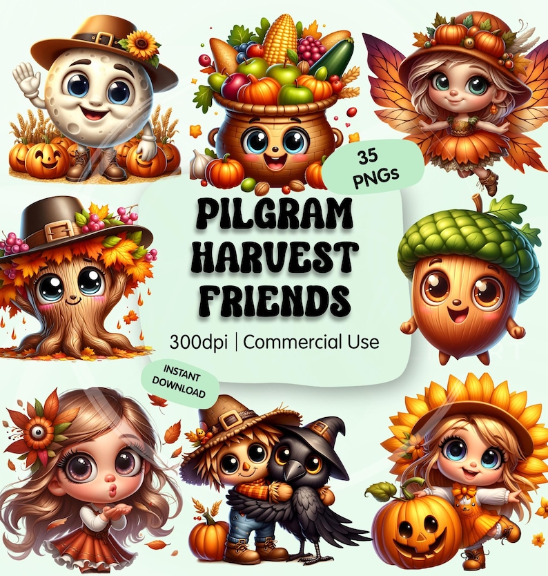 Pilgrim Harvest Clipart Bundle, Cute Fall Thanksgiving Friends PNG ...