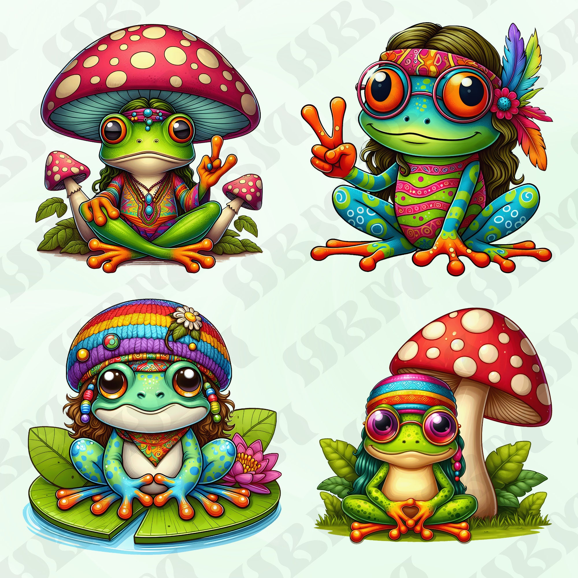 24 Cute Hippie Frogs Clipart Bundle, Tadpole Stickers, Adorable Wall ...