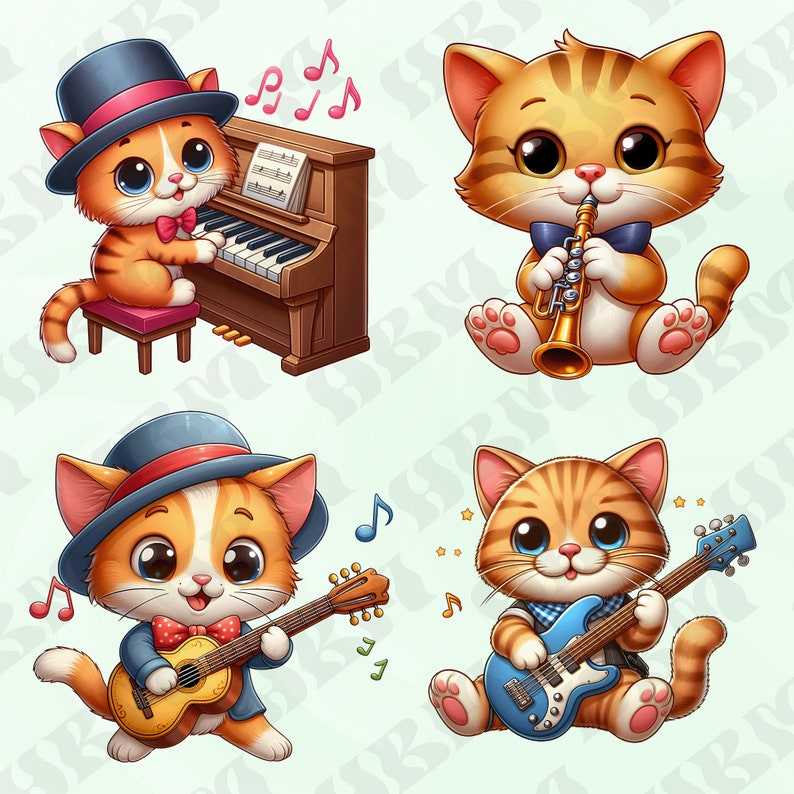 24 Cute Cartoon Cats Playing Instruments Clipart Bundle, Kitten ...