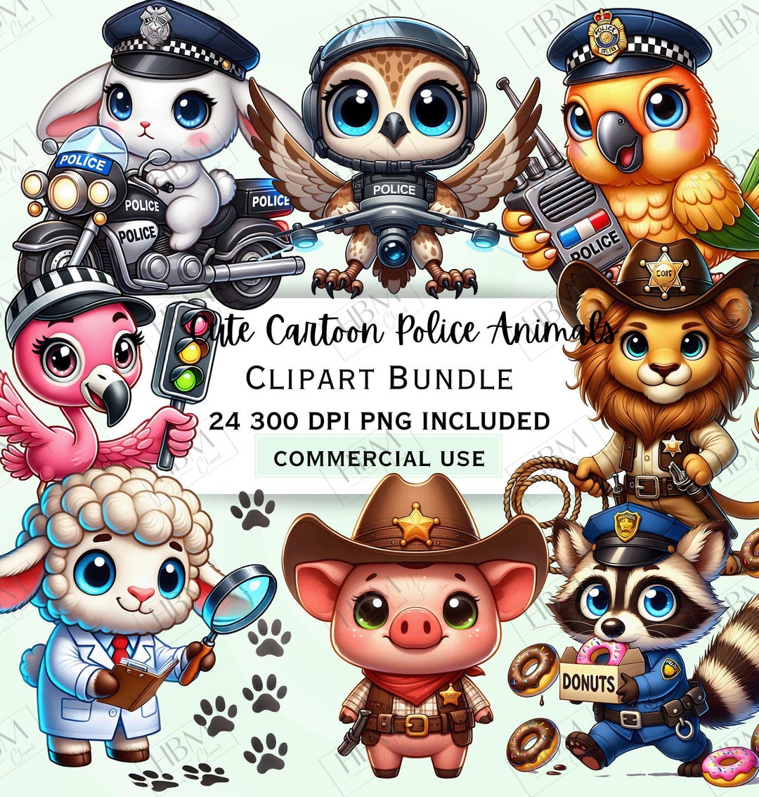 Cute Cartoon Police Animals Clipart Bundle, Whimsical Detective ...