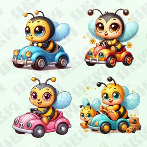 Cute Cartoon Bees on Toy Car Clipart Bundle, Insect Nursery Decor ...