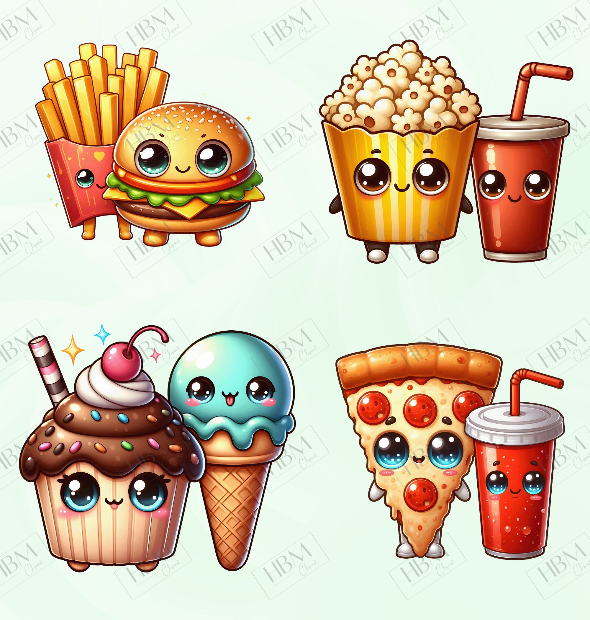 Cute Cartoon Food Pairs Clipart Bundle, Kawaii Fruit Sticker, Adorable ...
