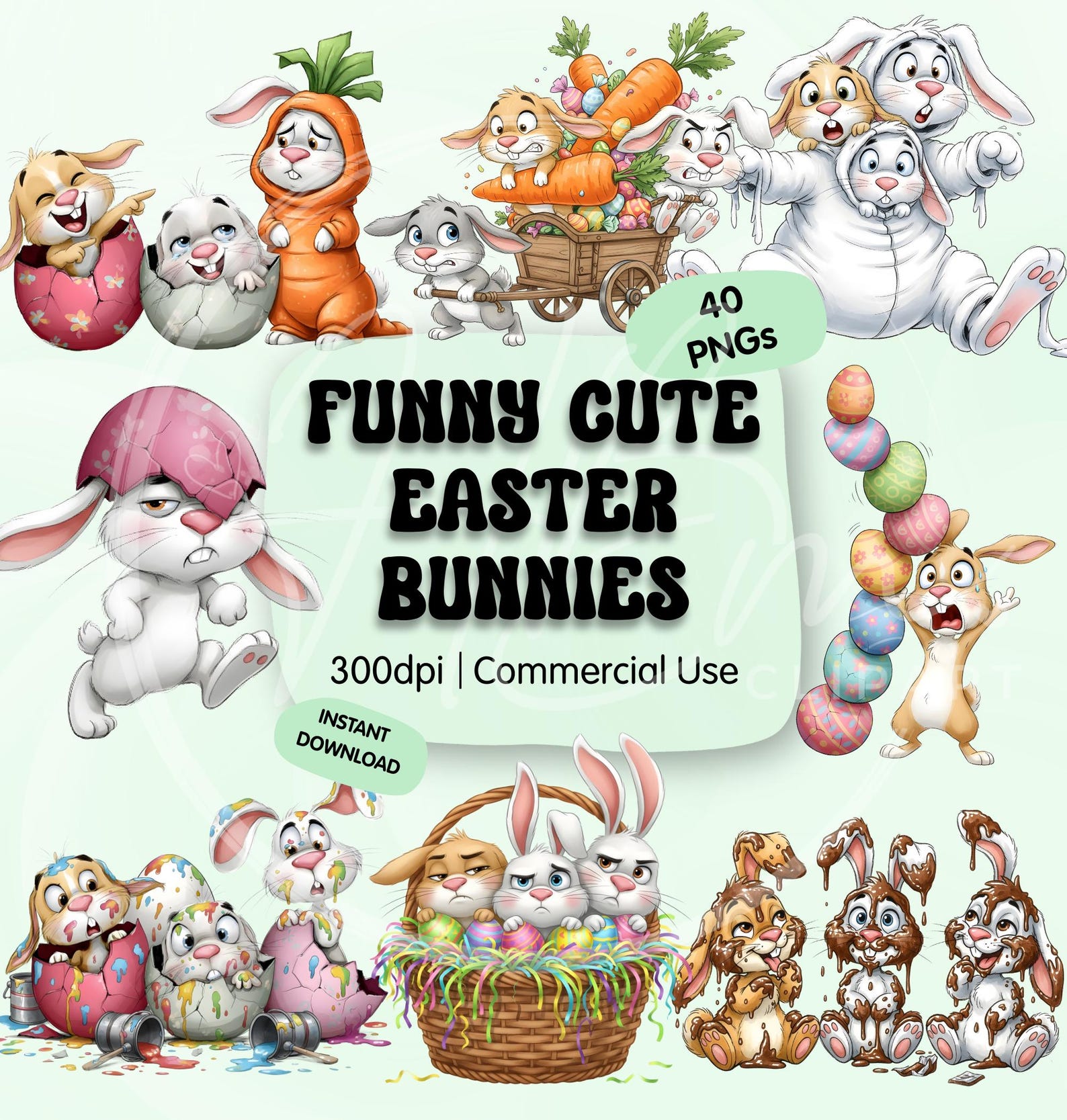 Funny Cute Easter Bunnies Clipart PNG Bundle, Whimsical Spring Holiday ...