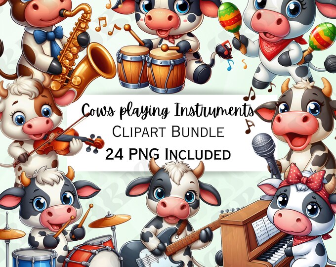 24 Cute Cartoon Cows Playing Instruments Clipart Bundle, Bull Stickers ...