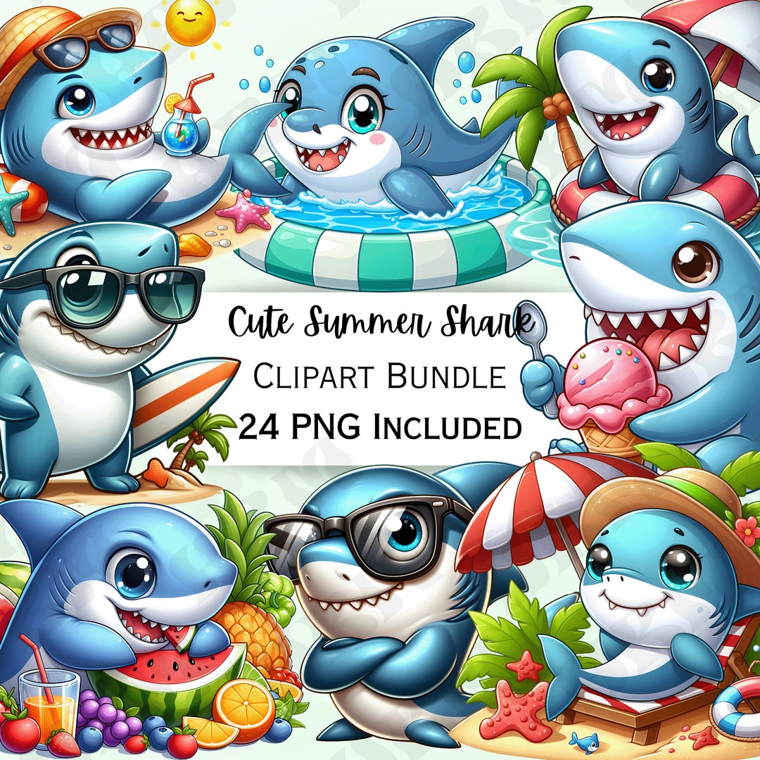 Cute Cartoon Summer Shark Clipart Bundle, Surf Nursery Decor, Beach ...