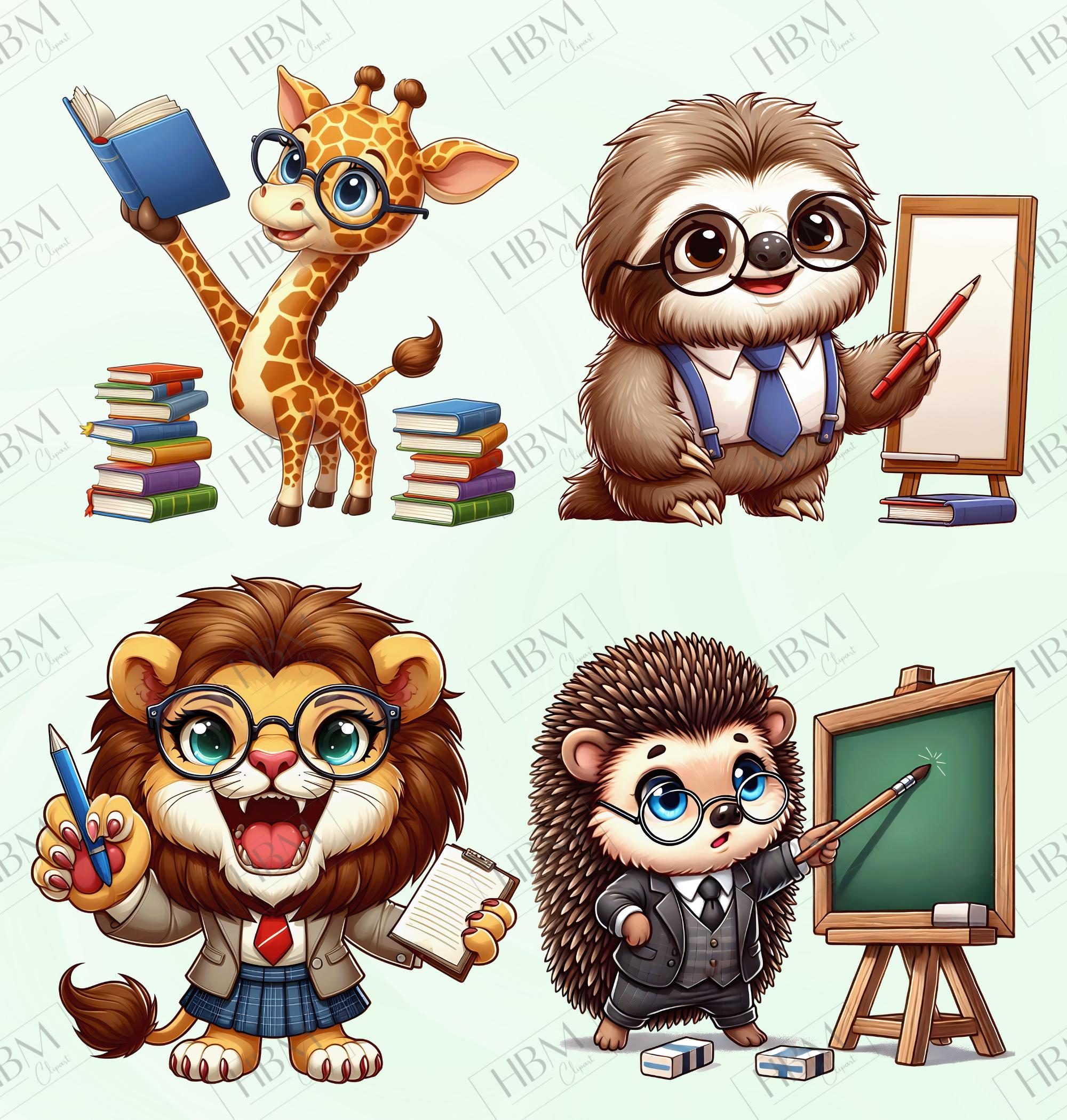 Cute Cartoon Teacher Animals Clipart Bundle, Whimsical Educator ...