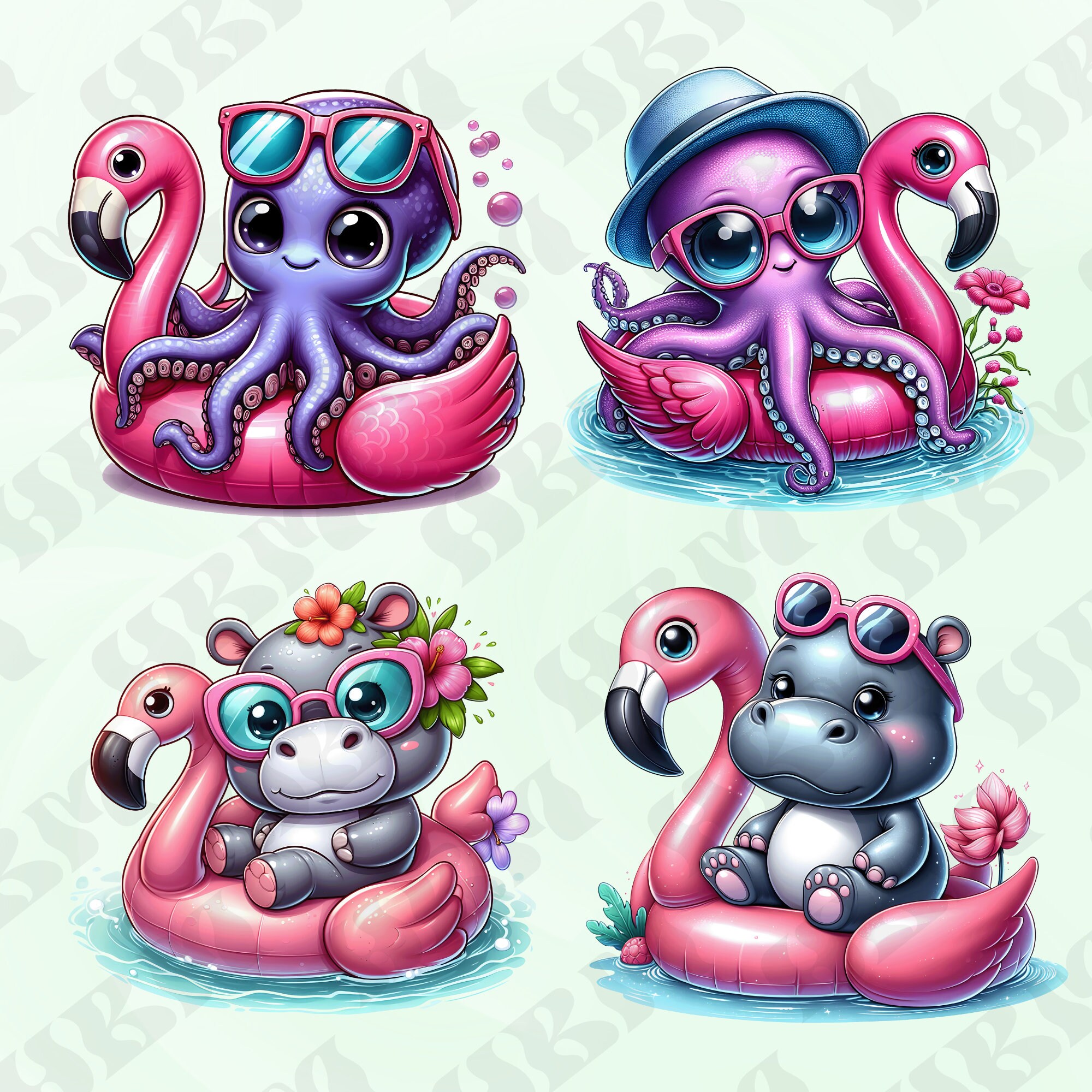 Cute Animals on Flamingo Floats Clipart Bundle, Summer Nursery Decor ...