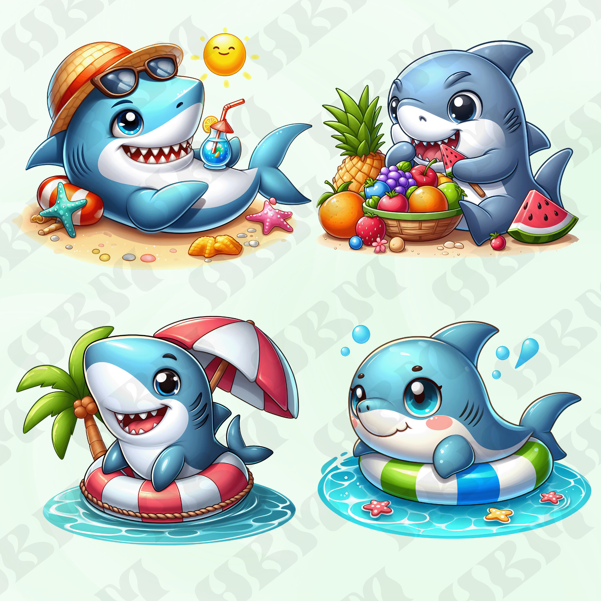 Cute Cartoon Summer Shark Clipart Bundle, Surf Nursery Decor, Beach ...