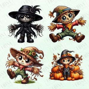 Cute Cartoon Halloween Scarecrows Clipart Bundle, Spooky Festive ...