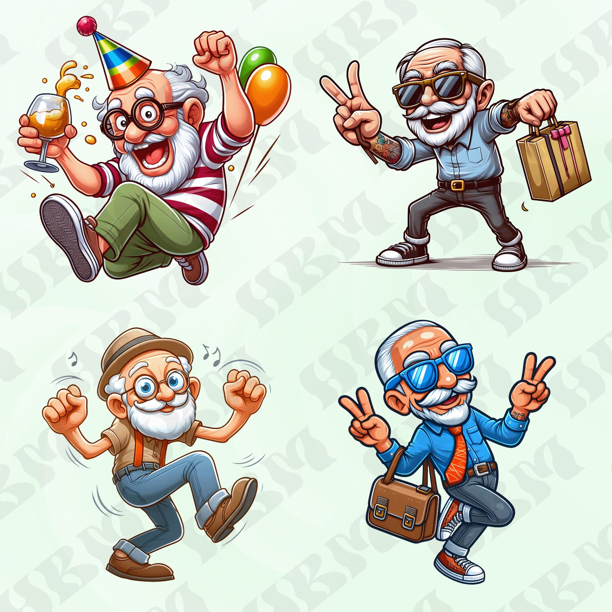Funny Cartoon Old Men Clipart Bundle, Grandpa Sticker, Drunk ...