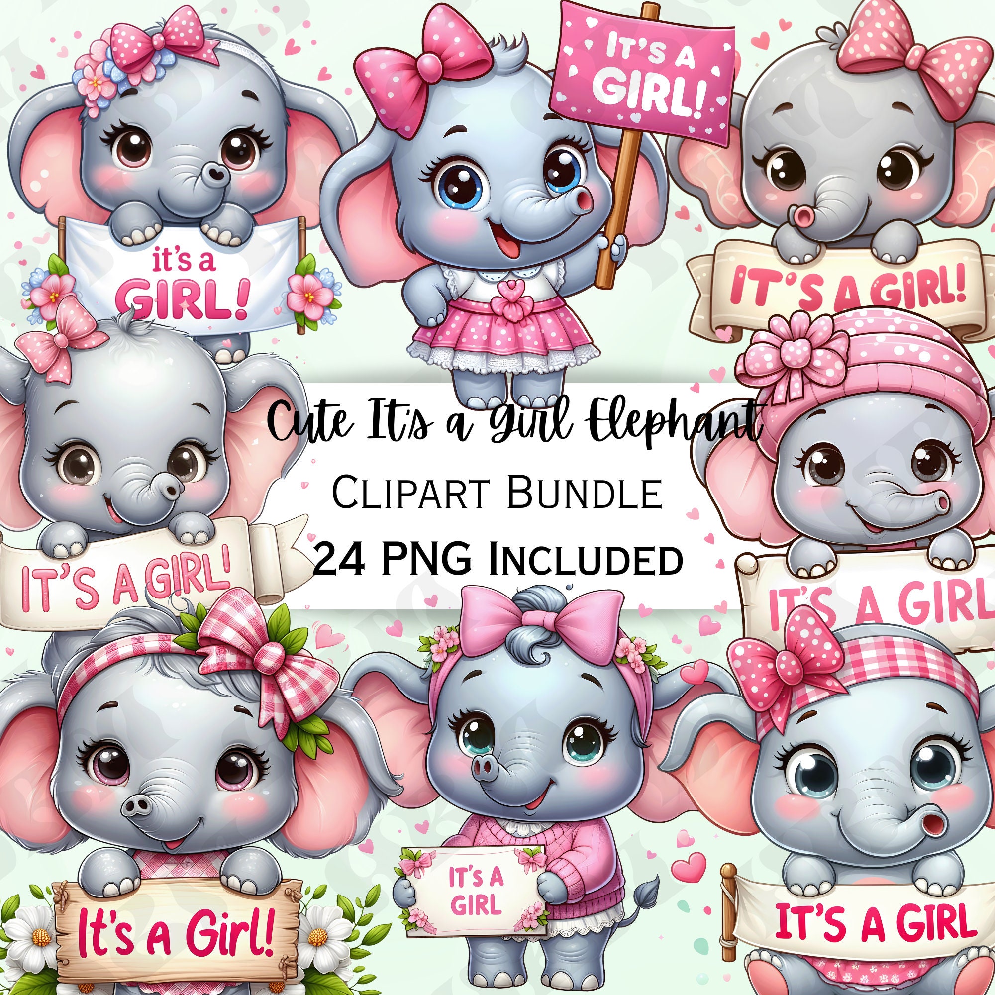 Cute It's a Girl Elephant Clipart Bundle, Birth Announcement, Pink ...
