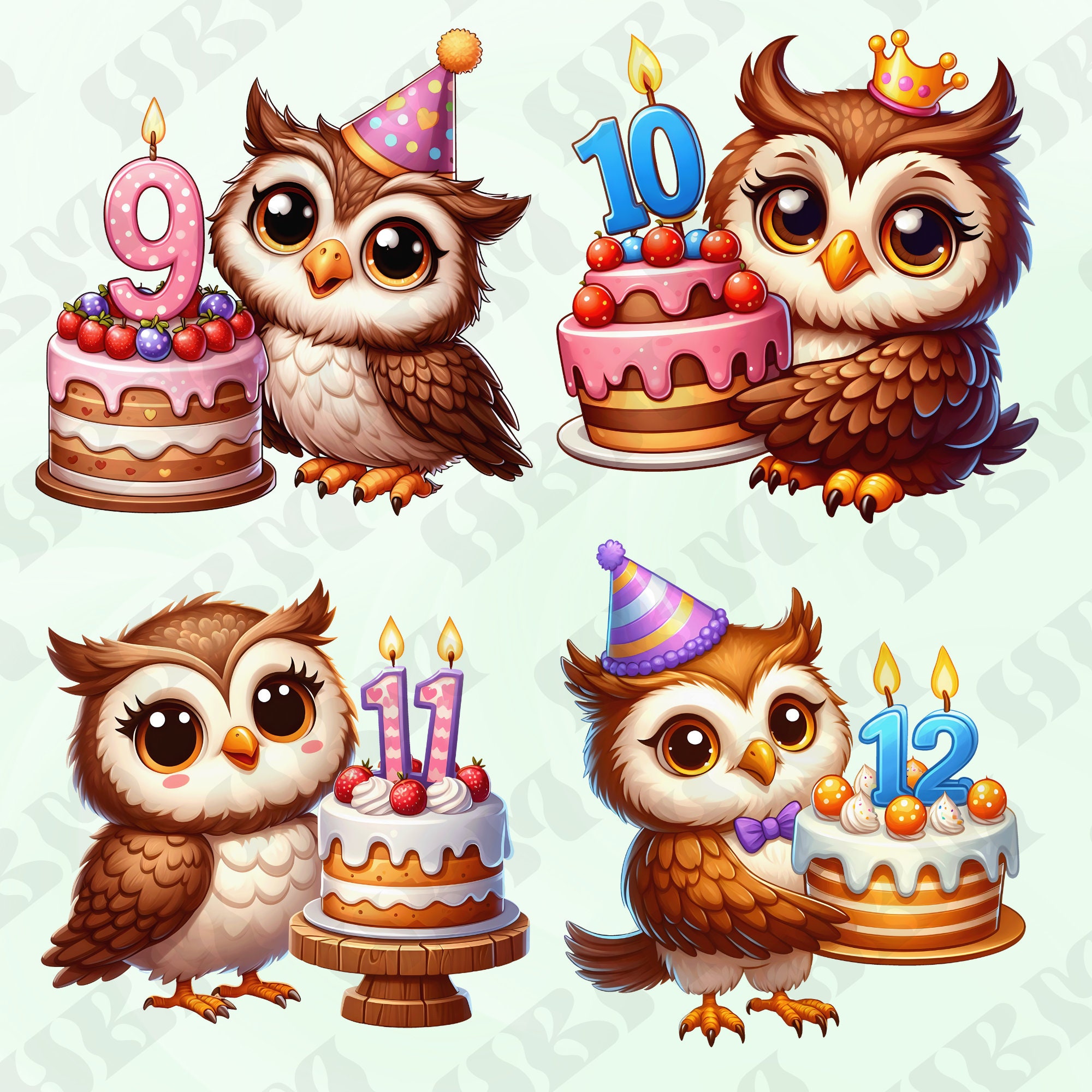 16 Cute Birthday Owl Clipart Bundle, Cartoon Cake Sticker, Adorable ...