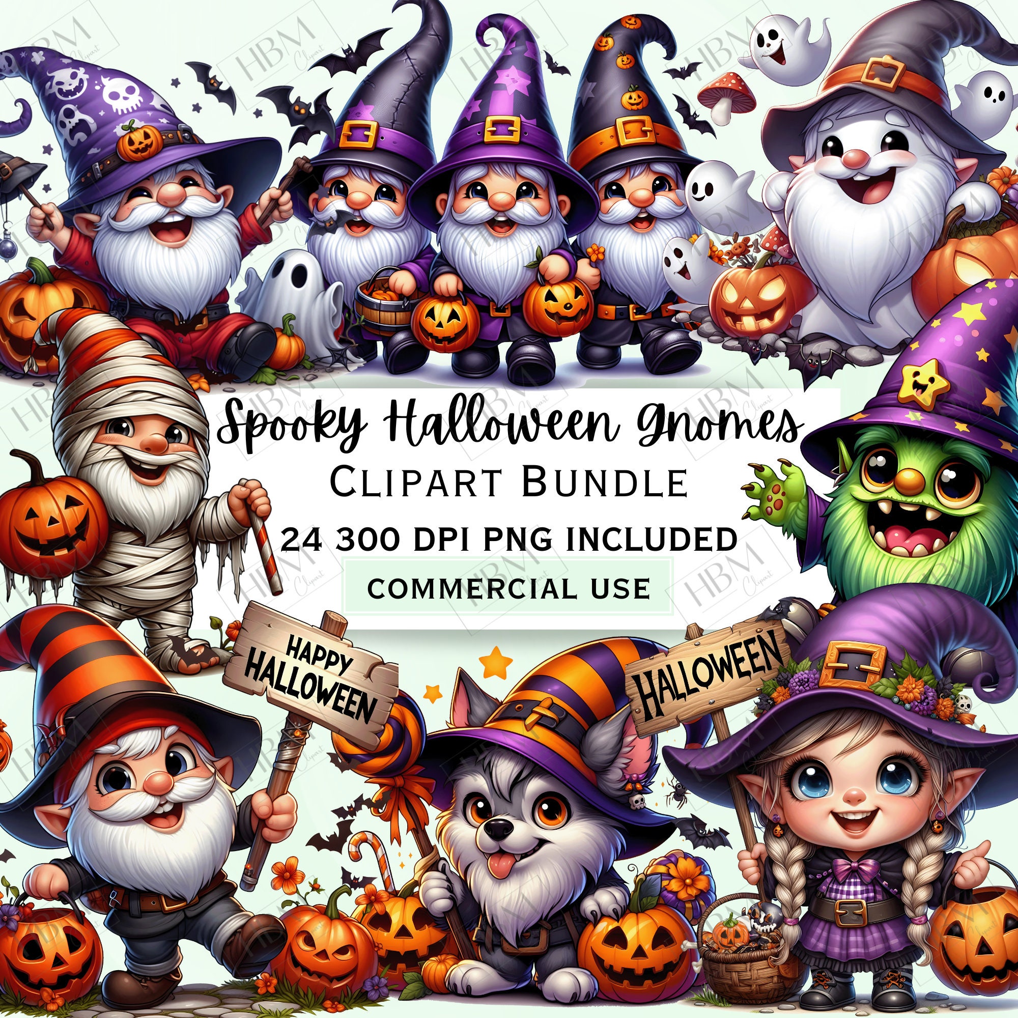 Spooky Cartoon Halloween Gnomes Clipart Bundle, Pumpkin Stickers ...