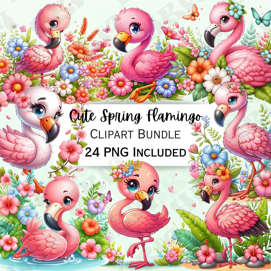 24 Cute Cartoon Spring Flamingos Clipart Bundle, Bird Nursery Decor ...
