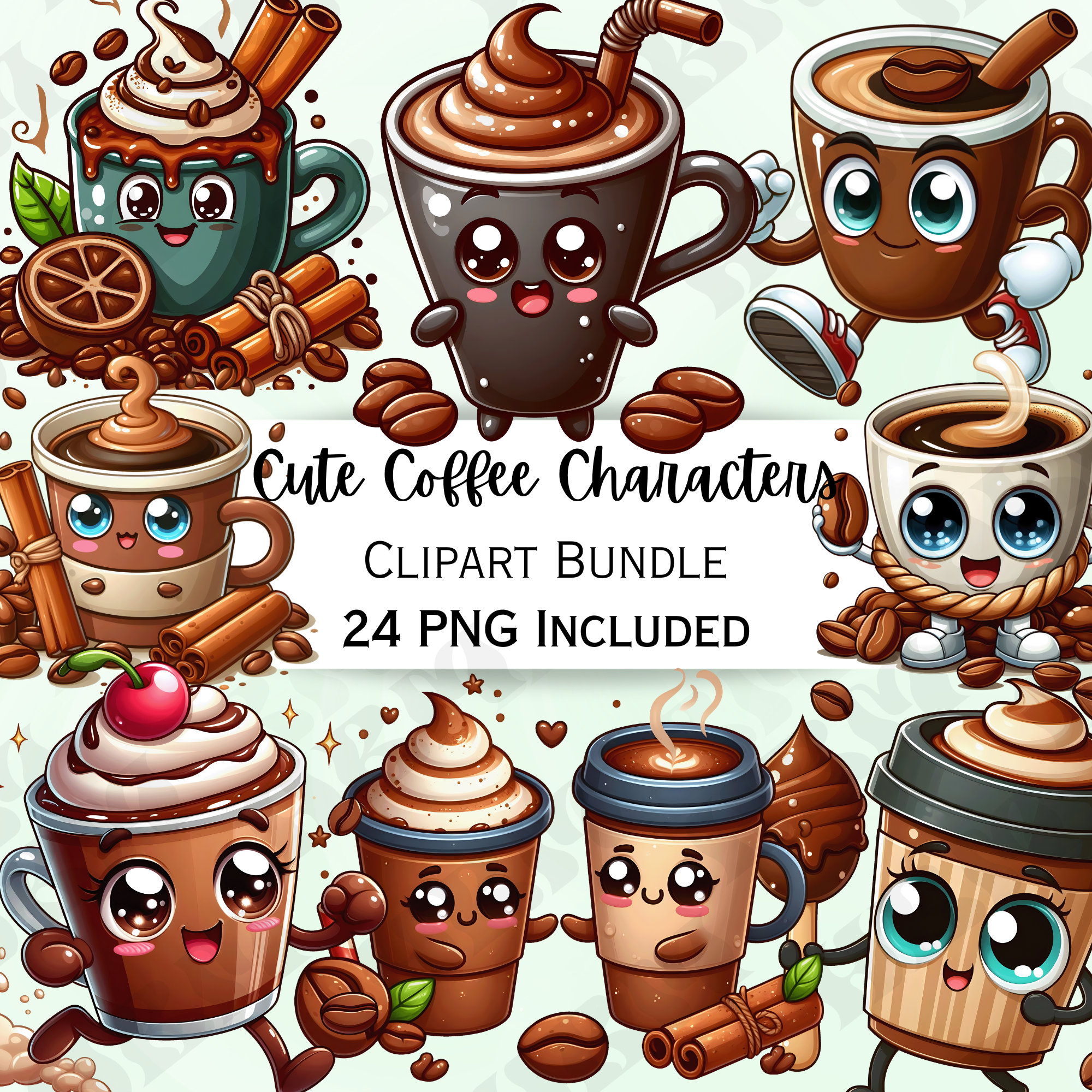 24 Cute Coffee Characters Clipart Bundle, Caffeine Card Making, Adorable Baby Wall Art, Beverage ...