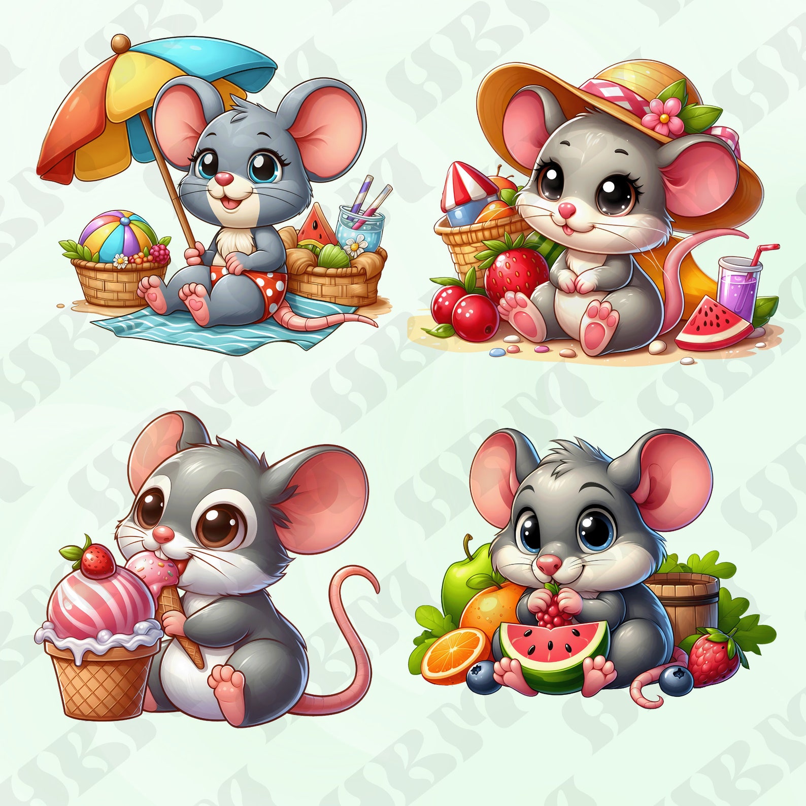 Cute Cartoon Summer Mouse Clipart Bundle, Surf Nursery Decor, Beach ...