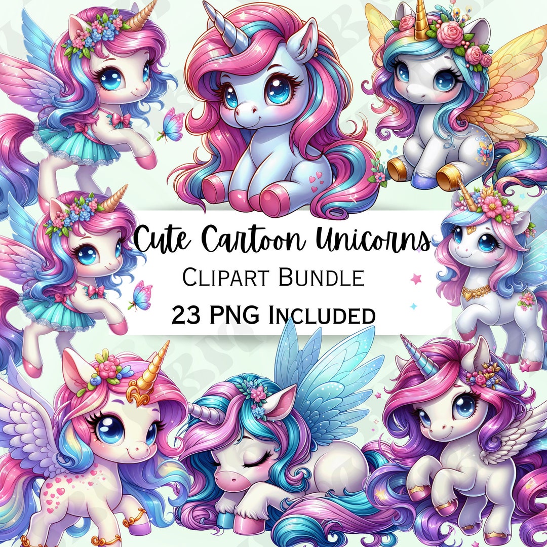 23 Cute Cartoon Unicorns Clipart Bundle, Fantasy Nursery Decor ...