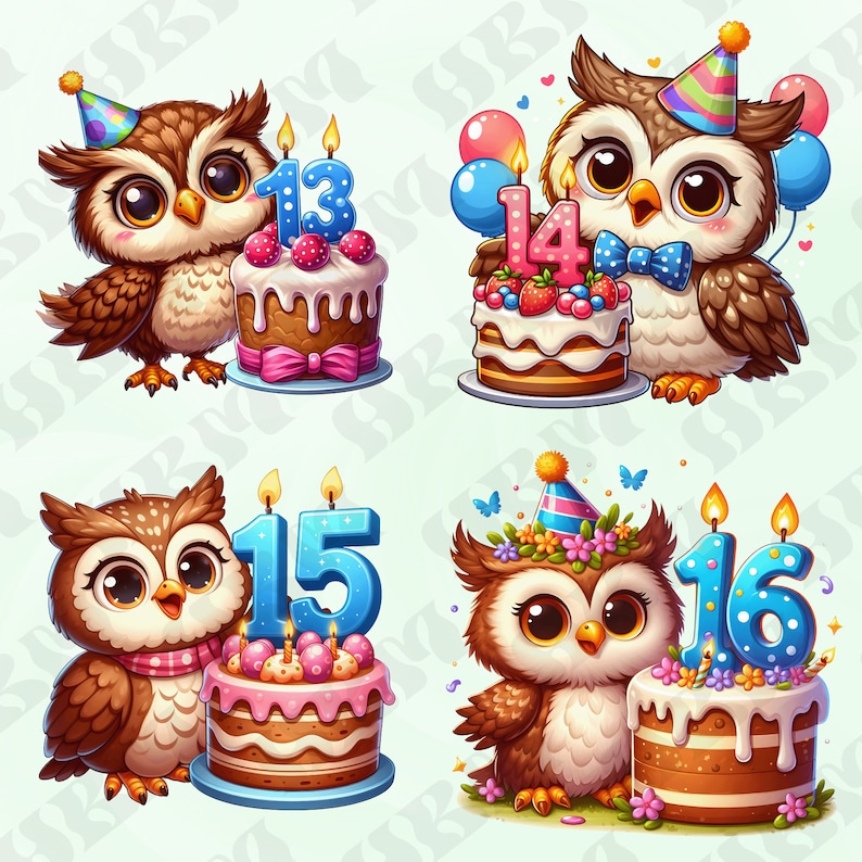 16 Cute Birthday Owl Clipart Bundle, Cartoon Cake Sticker, Adorable ...