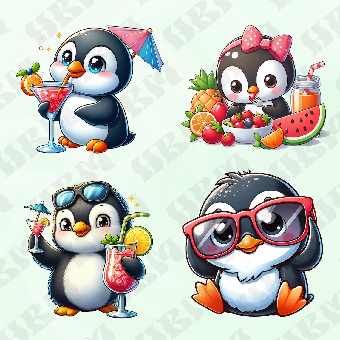 Cute Cartoon Summer Penguin Clipart Bundle, Surf Nursery Decor, Beach ...