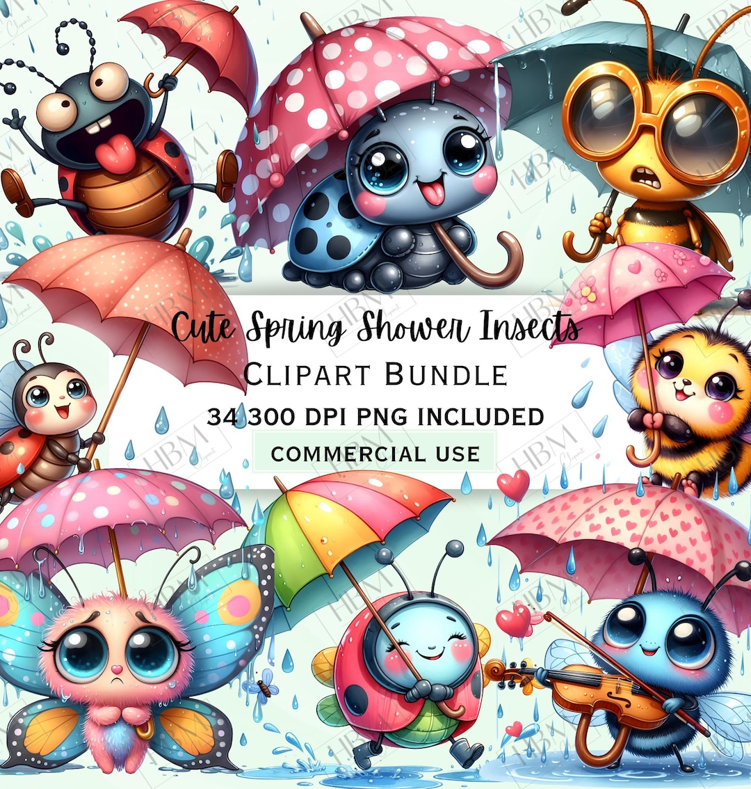 Cute Spring Insect Clipart Bundle, Rainy Day Bug PNG, Kawaii Bee ...