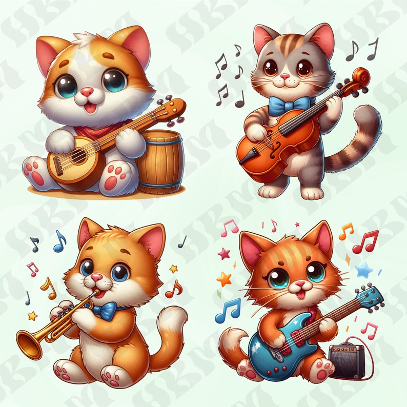24 Cute Cartoon Cats Playing Instruments Clipart Bundle, Kitten ...