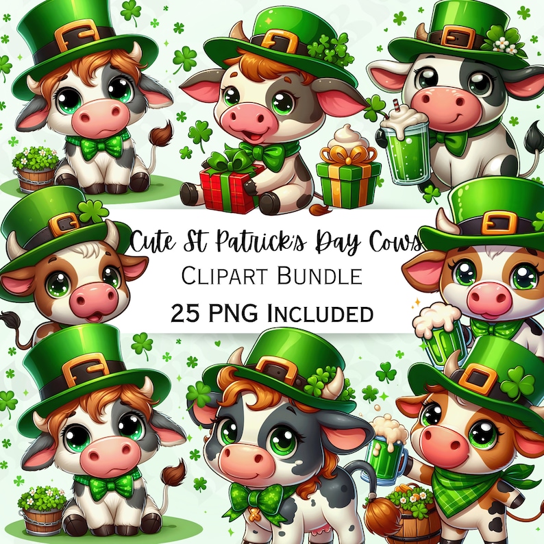 25 Cute St Patrick's Day Cartoon Cow Clipart Bundle, Adorable Four Leaf ...