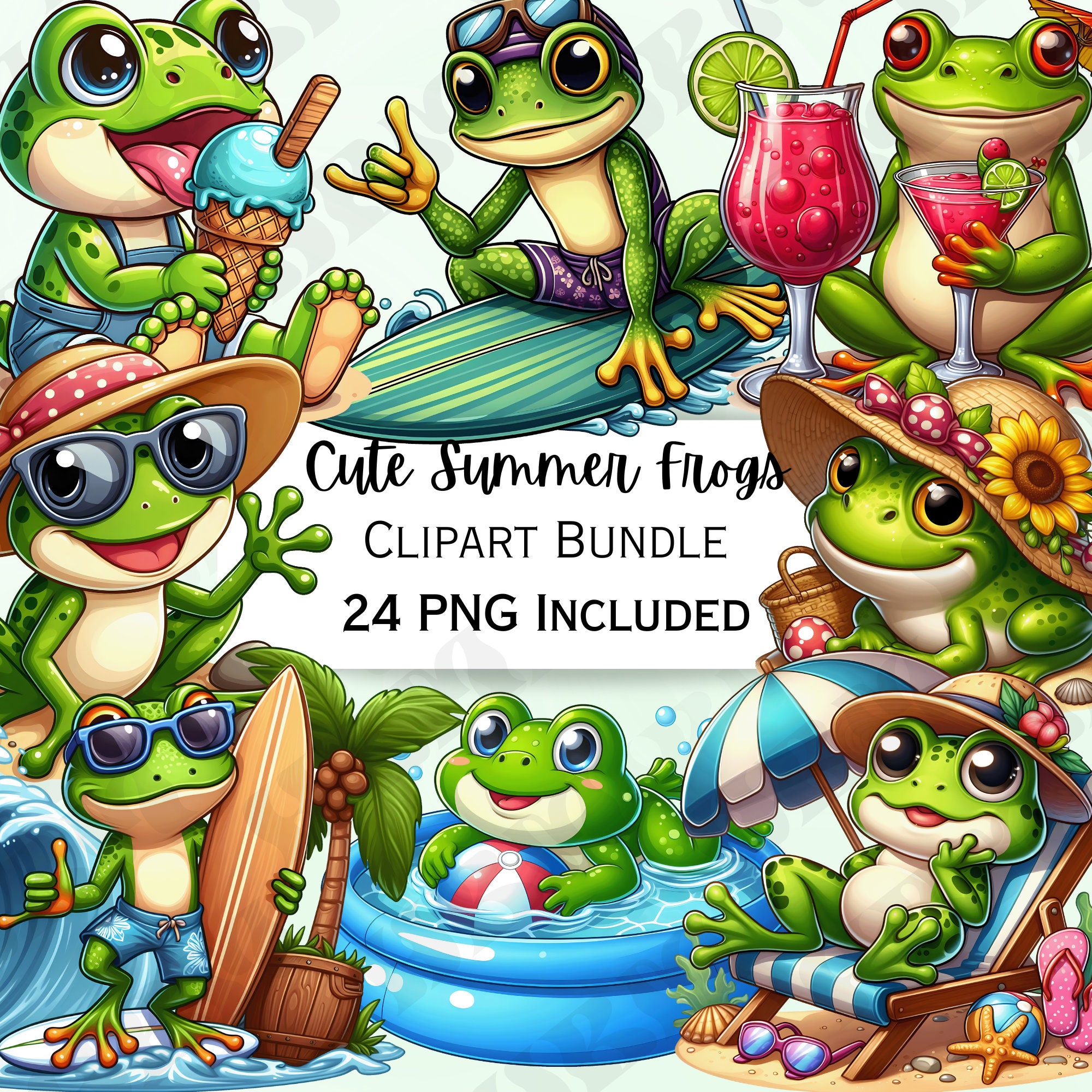 24 Cute Cartoon Summer Frog Clipart Bundle, Surf Nursery Decor, Beach ...