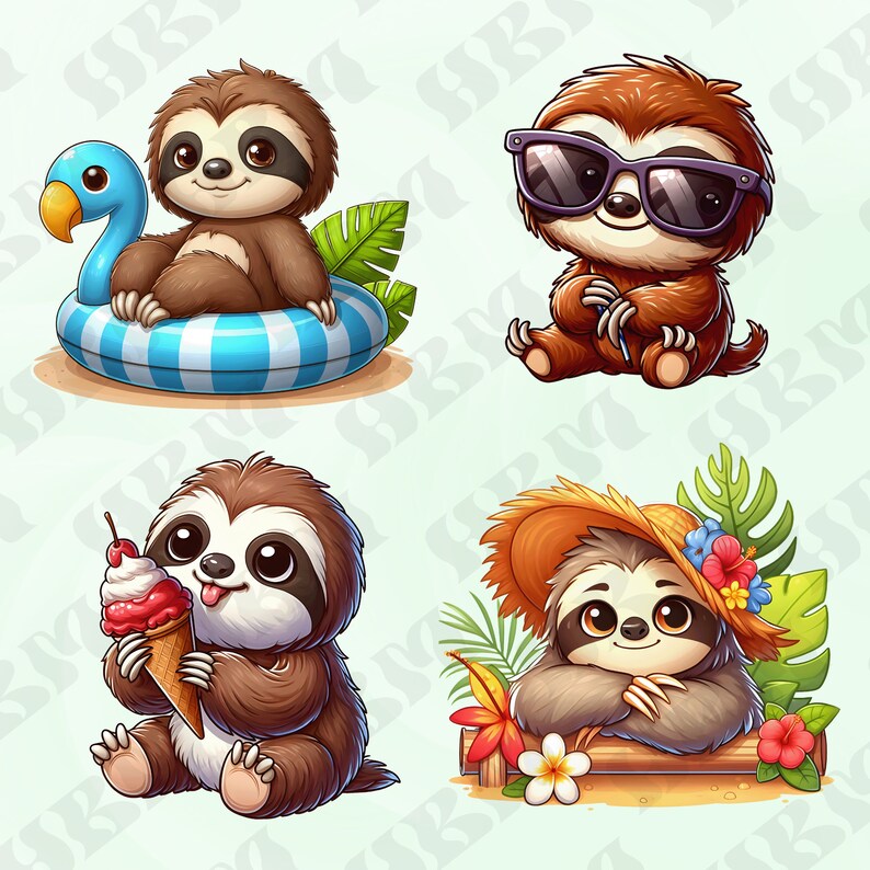 Cute Cartoon Summer Sloth Clipart Bundle, Surf Nursery Decor, Beach ...