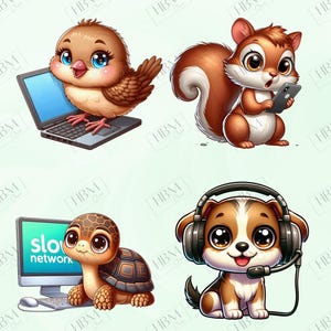 Cute Cartoon Tech Animals Clipart Bundle, Whimsical Gadgets Stickers ...