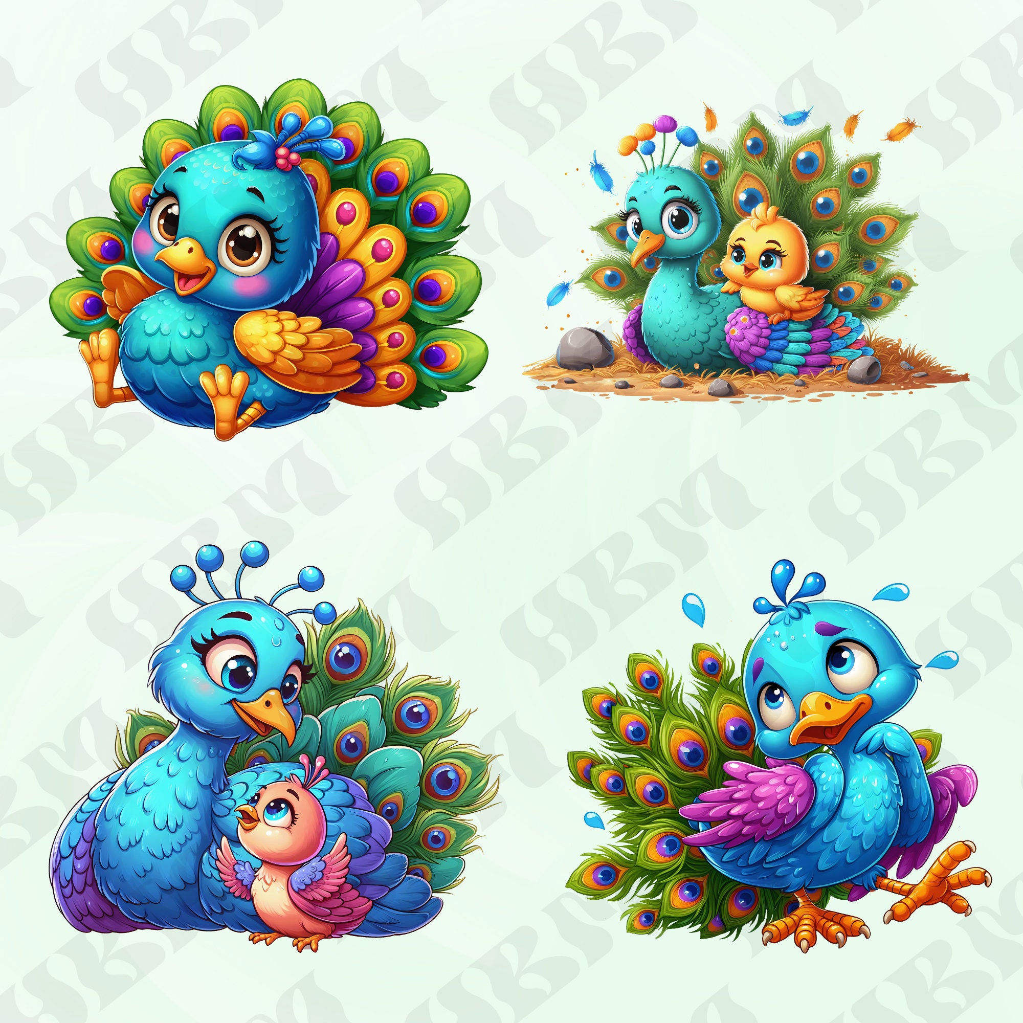 Cute Cartoon Peacocks Clipart Bundle, Wildlife Stickers, Adorable Baby ...