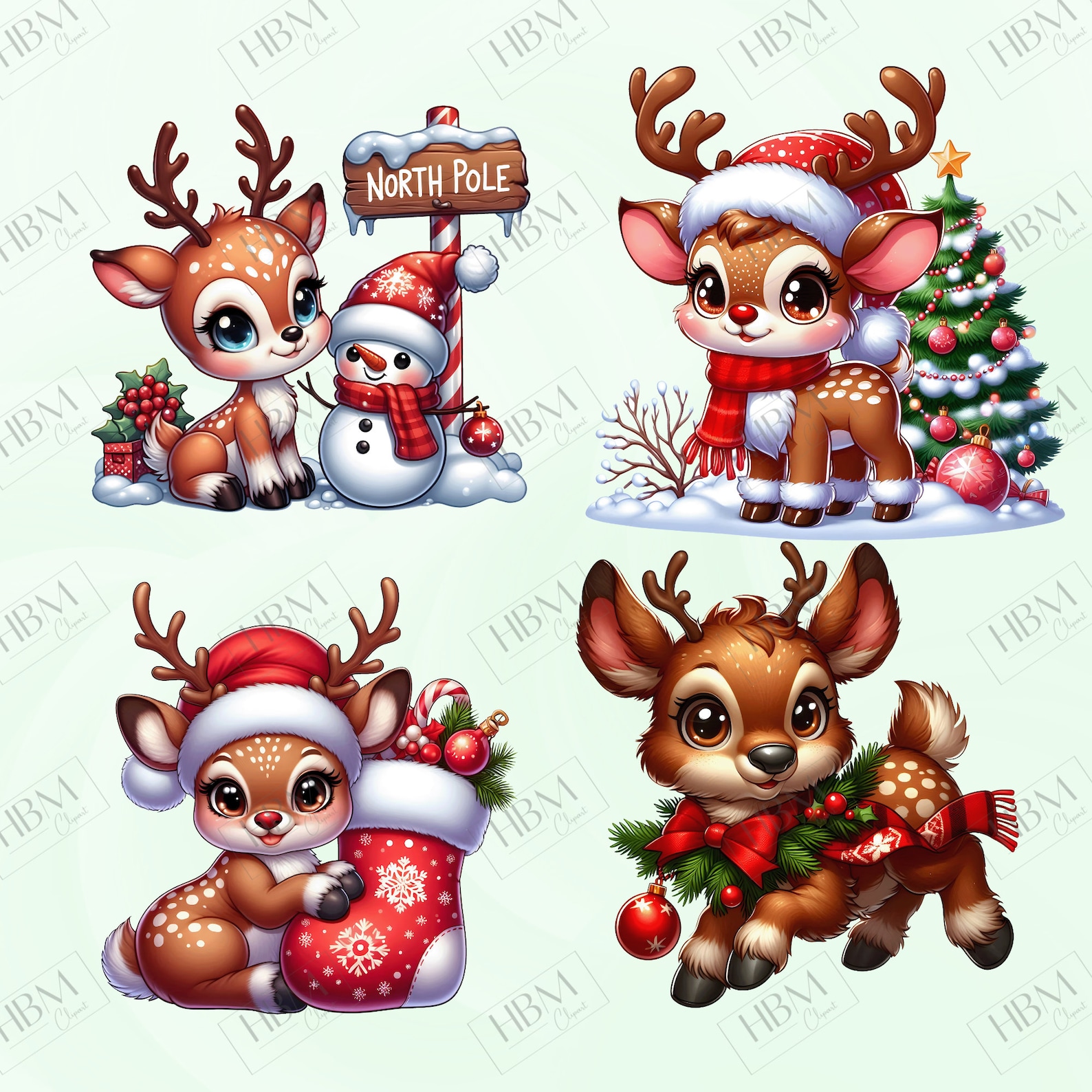 Cute Christmas Reindeer Clipart Bundle, Festive Baby Animal Sticker ...