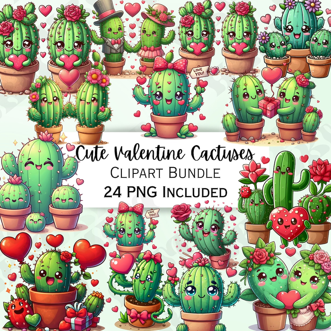 24 Cute Valentines Day Cactus Clipart Bundle, Cacti Card Making, Plant ...