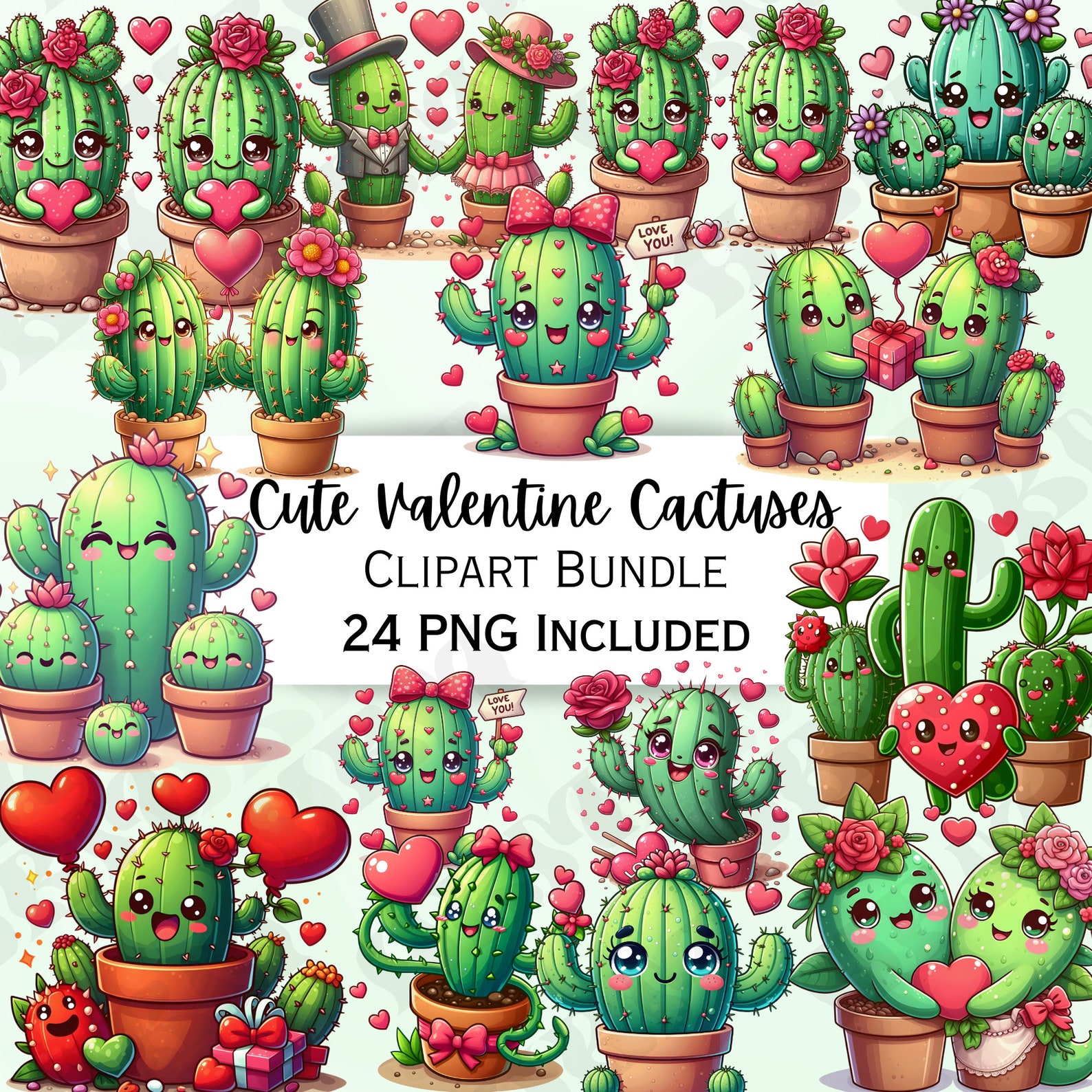 24 Cute Valentines Day Cactus Clipart Bundle, Cacti Card Making, Plant ...
