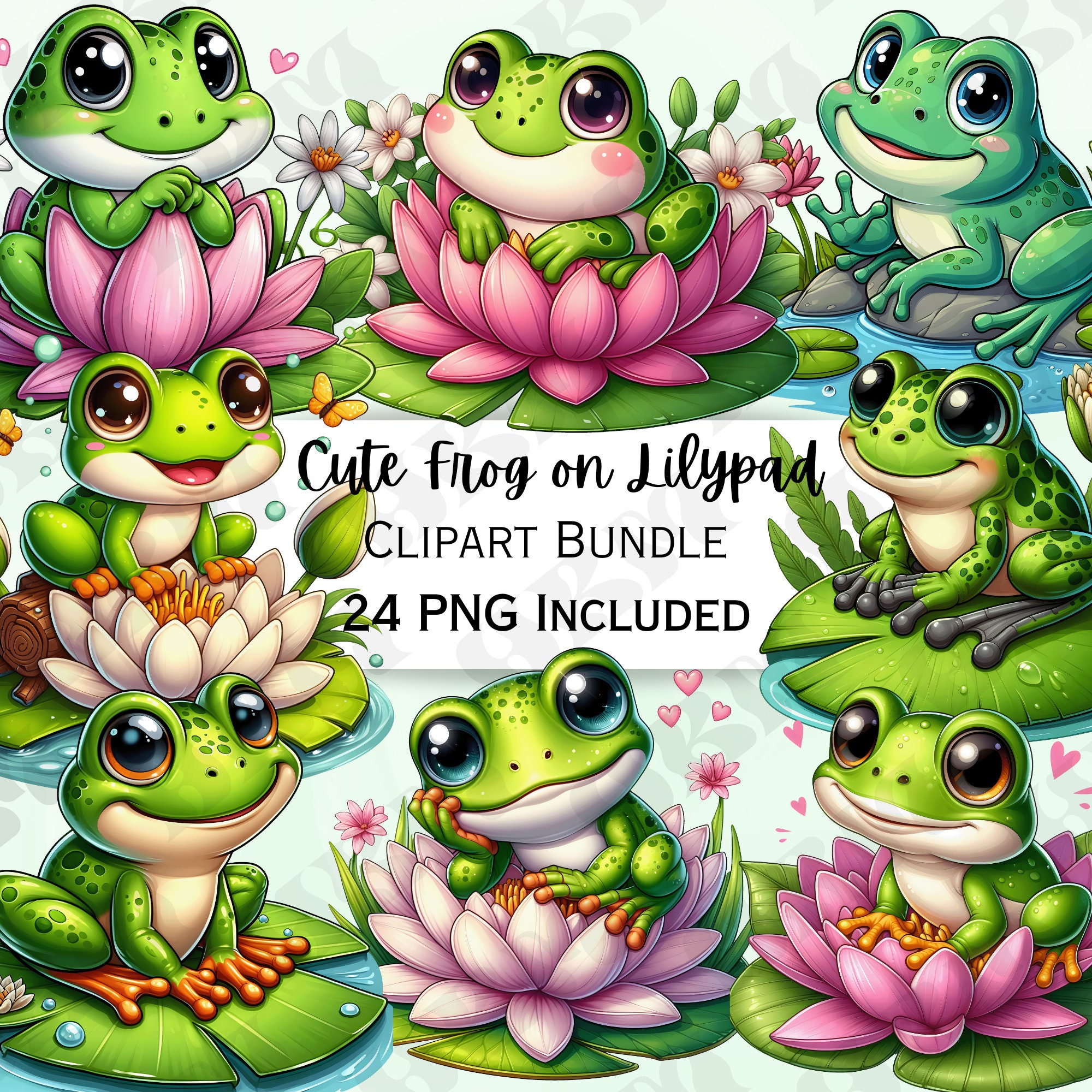 Cute Cartoon Frog on Lilypad Clipart Bundle, Witty Stickers, Adorable ...