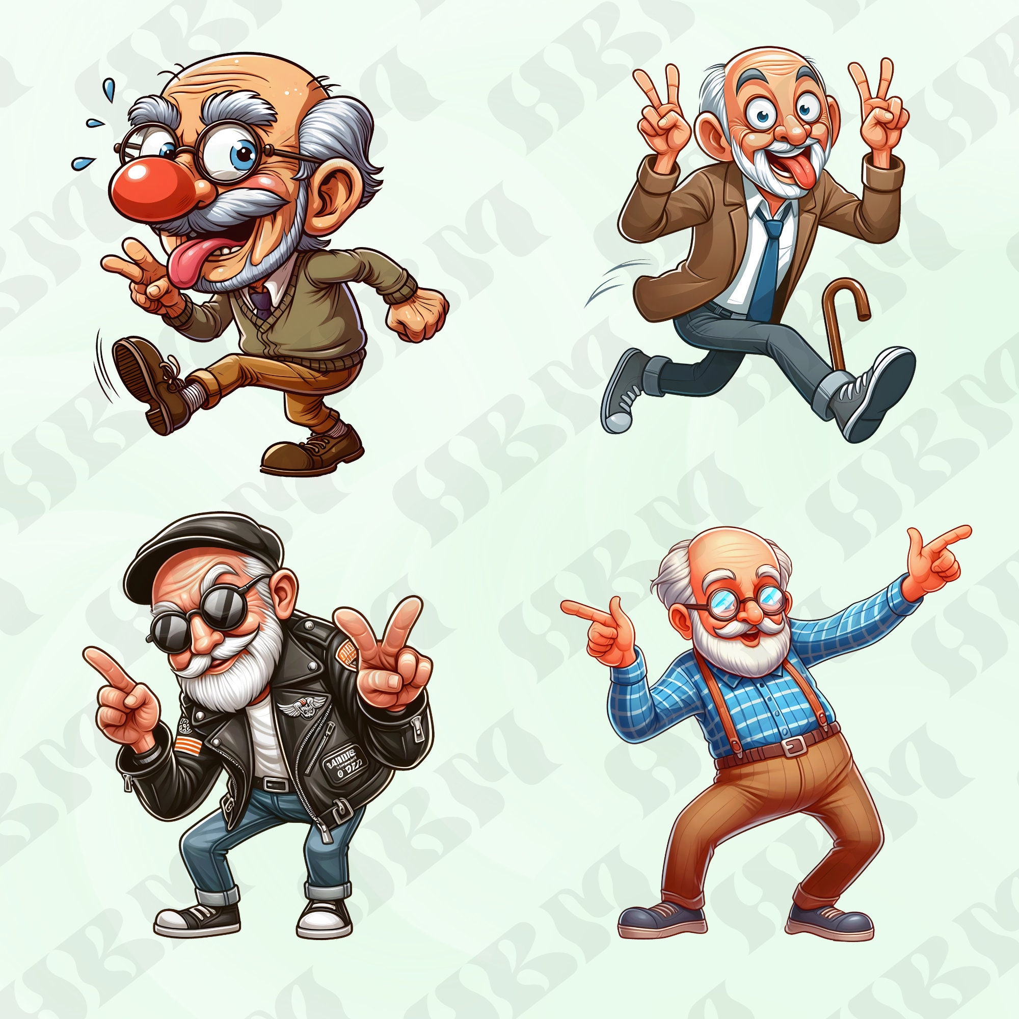 Funny Cartoon Old Men Clipart Bundle, Grandpa Sticker, Drunk ...