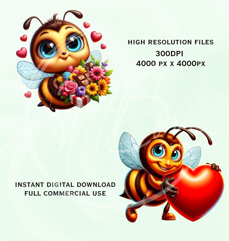 Funny Valentine Bee Clipart PNG Bundle, Cute Love Bees Sticker, Anti ...