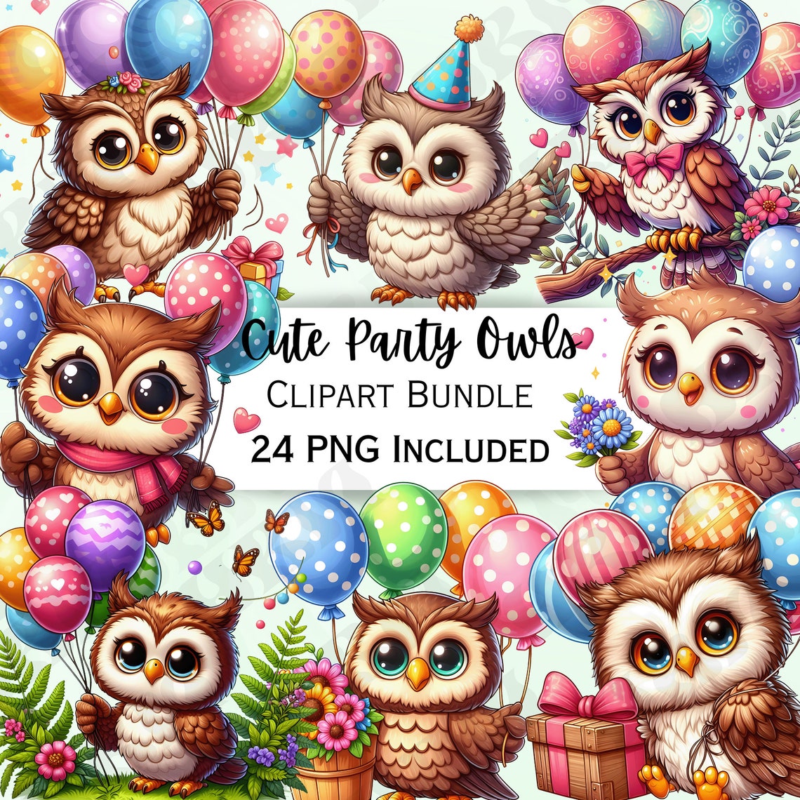 24 Cute Party Owl Clipart Bundle, Cartoon Balloon Sticker, Adorable ...
