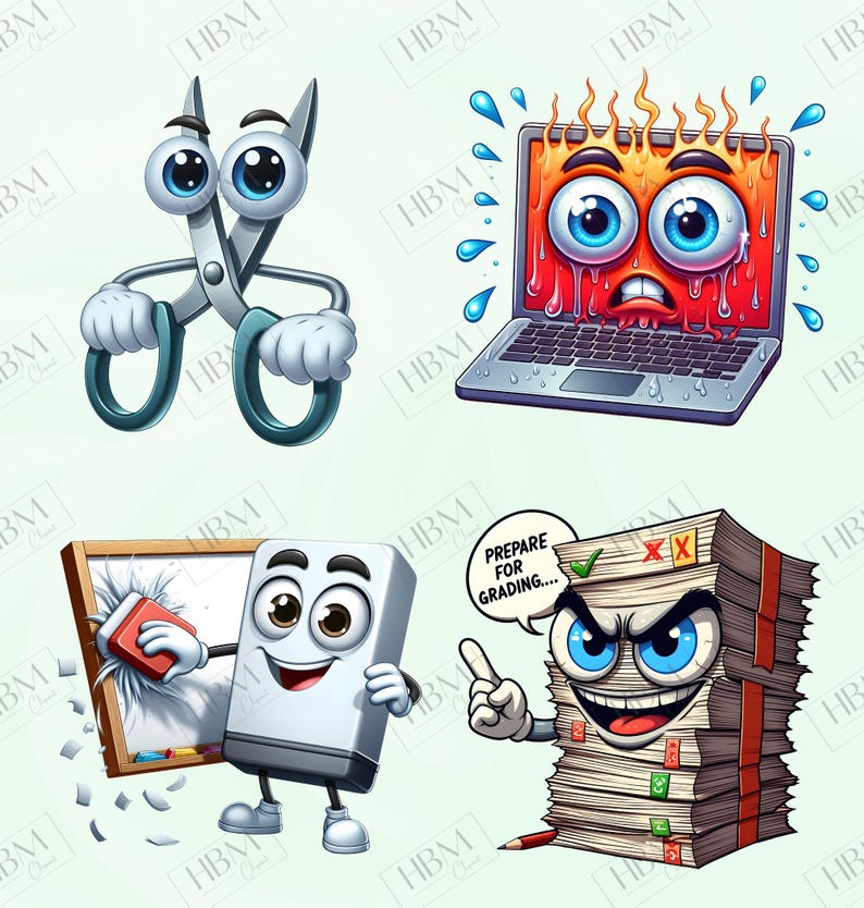 Funny Cartoon Teacher Characters Clipart Bundle, School Supplies PNG ...