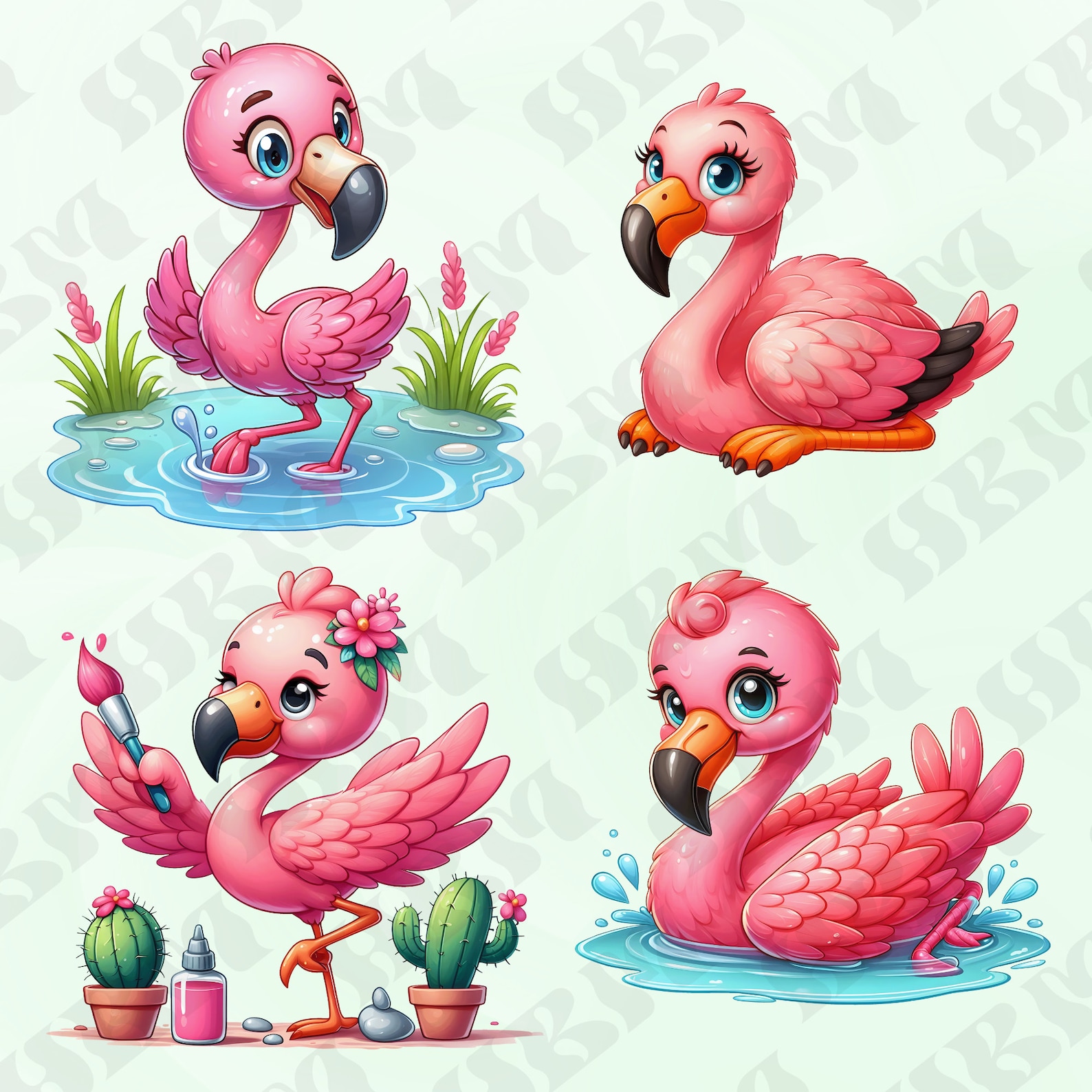 24 Cute Cartoon Flamingos Clipart Bundle, Bird Nursery Decor, Adorable ...