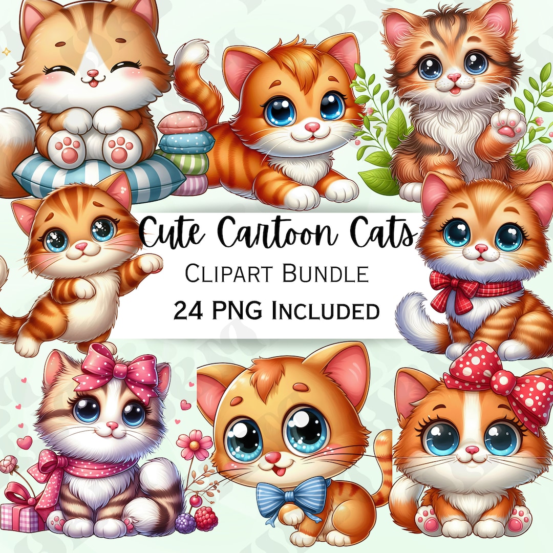 24 Cute Cartoon Cats Clipart Bundle, Kitten Stickers, Adorable Wall Art ...