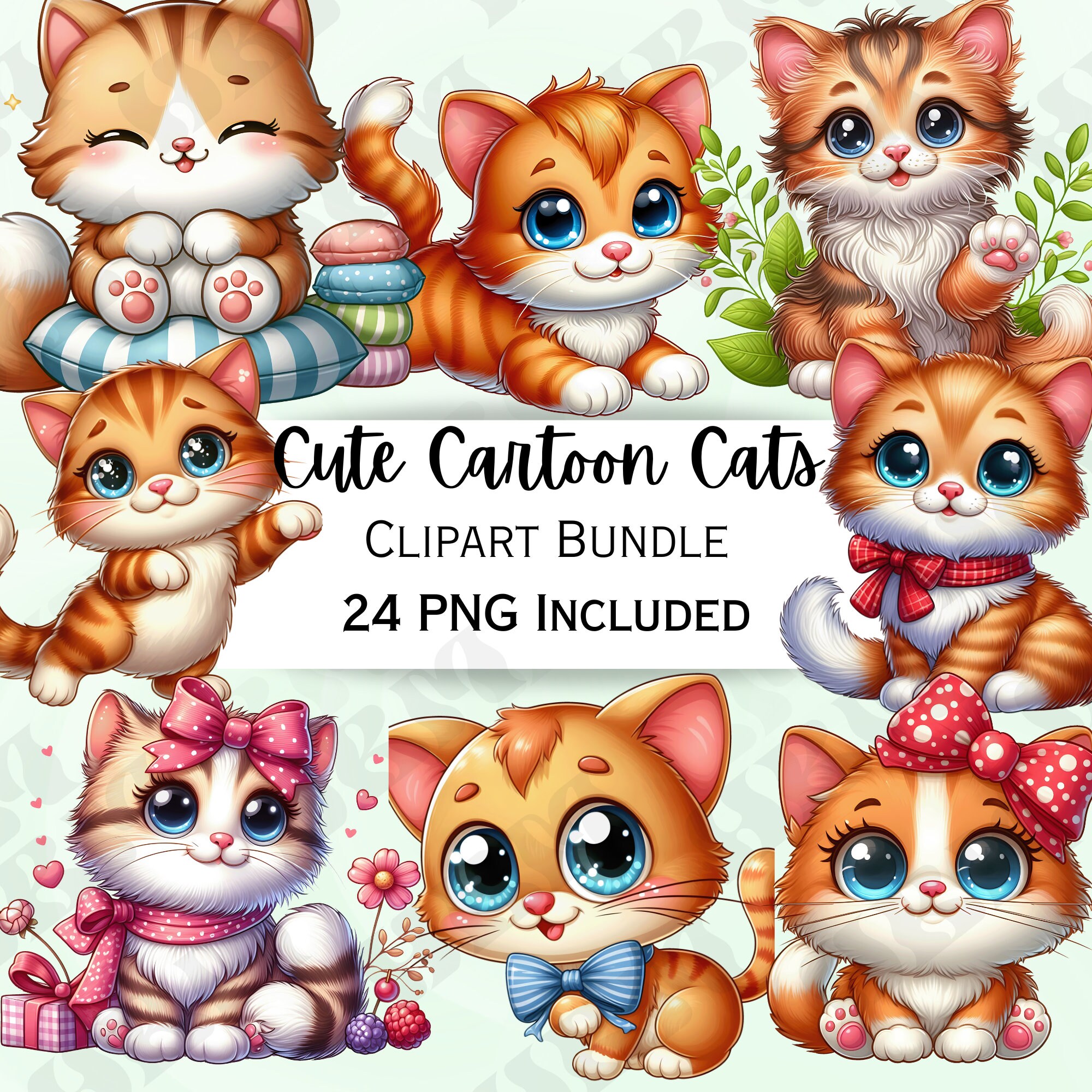 24 Cute Cartoon Cats Clipart Bundle, Kitten Stickers, Adorable Wall Art ...