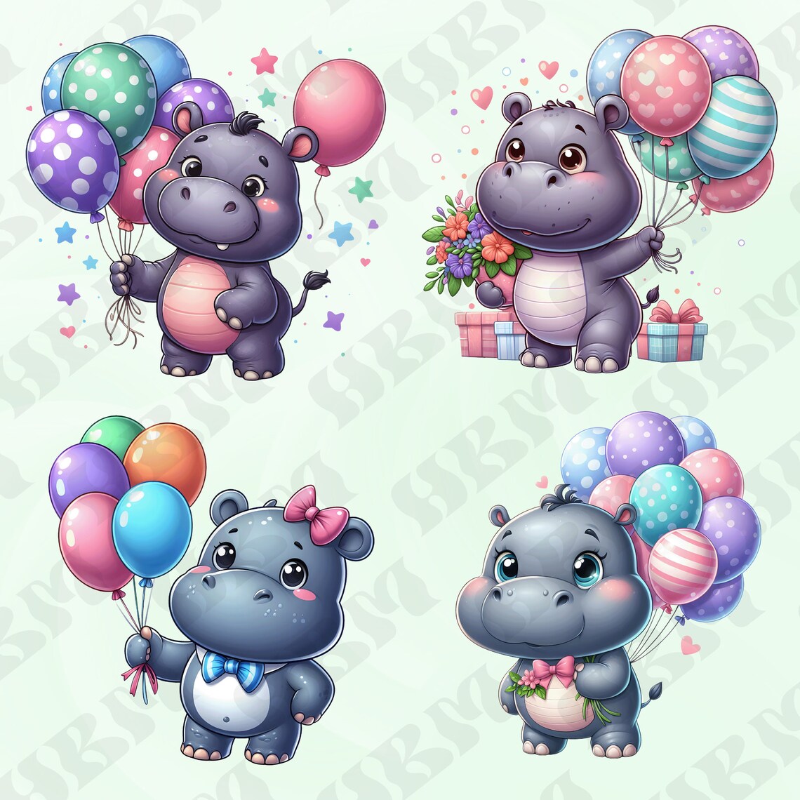 24 Cute Party Hippo Clipart Bundle, Cartoon Balloon Sticker, Adorable ...