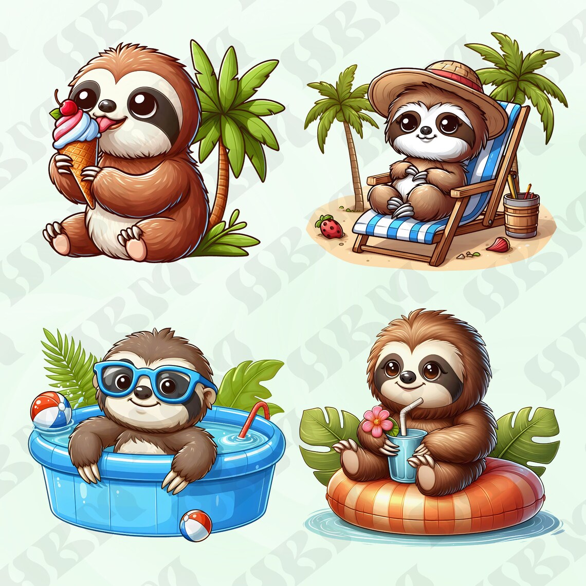 Cute Cartoon Summer Sloth Clipart Bundle, Surf Nursery Decor, Beach ...